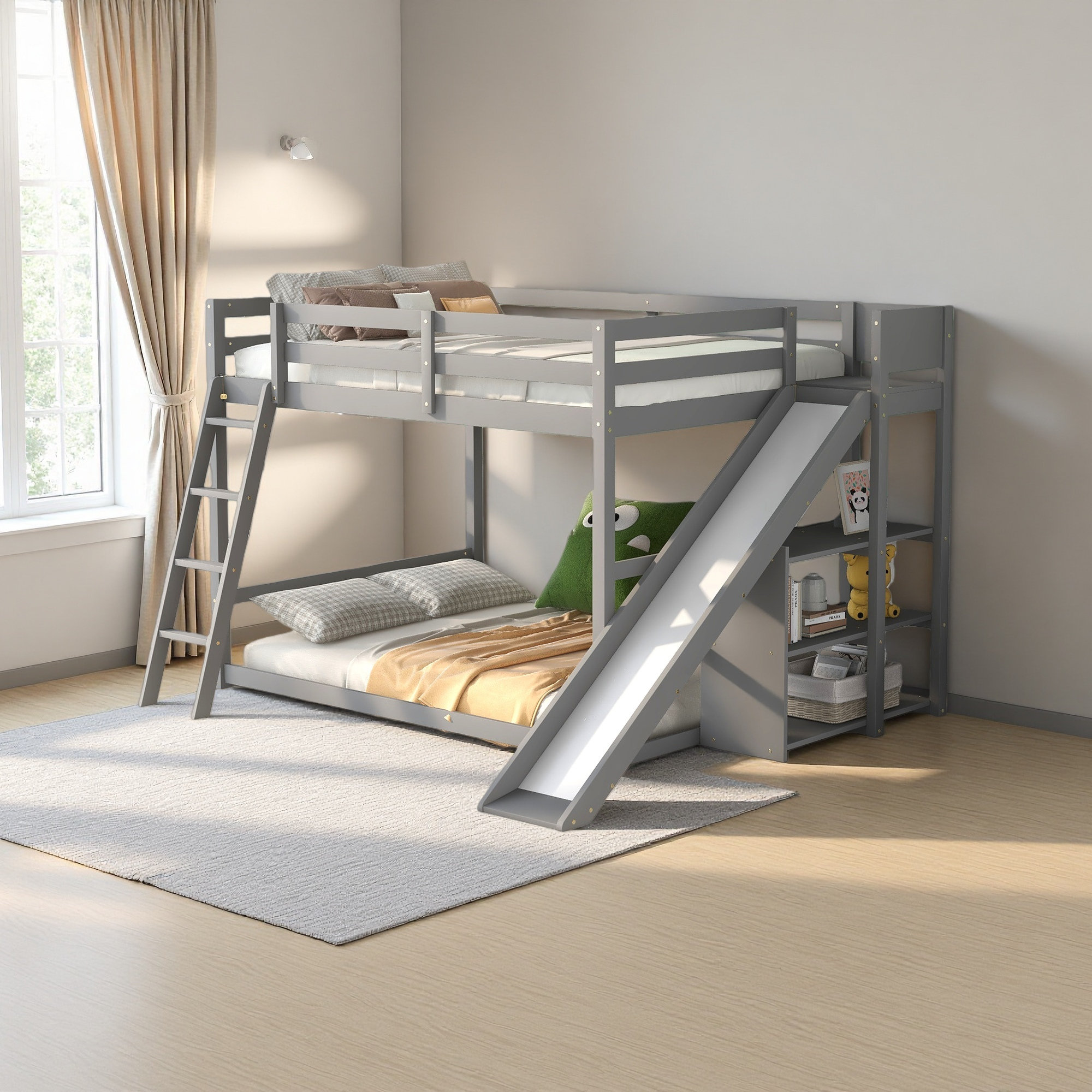 Harriet Bee Full Over Full Bunk Bed With Ladder, Slide And Shelves ...
