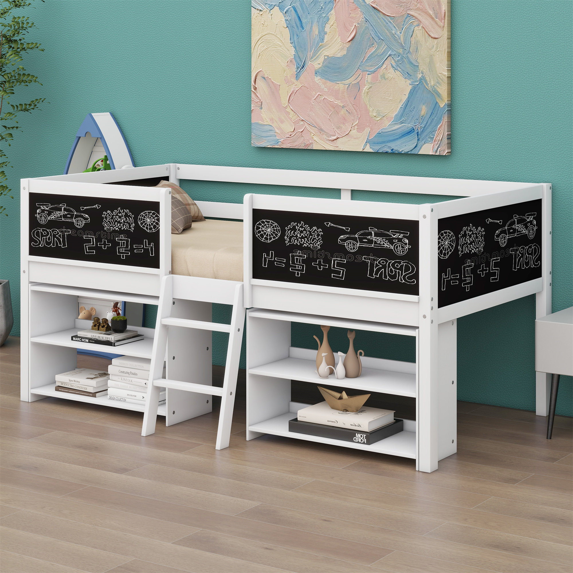 Harriet Bee Low Loft Bed With Two Movable Shelves And Ladder,With ...