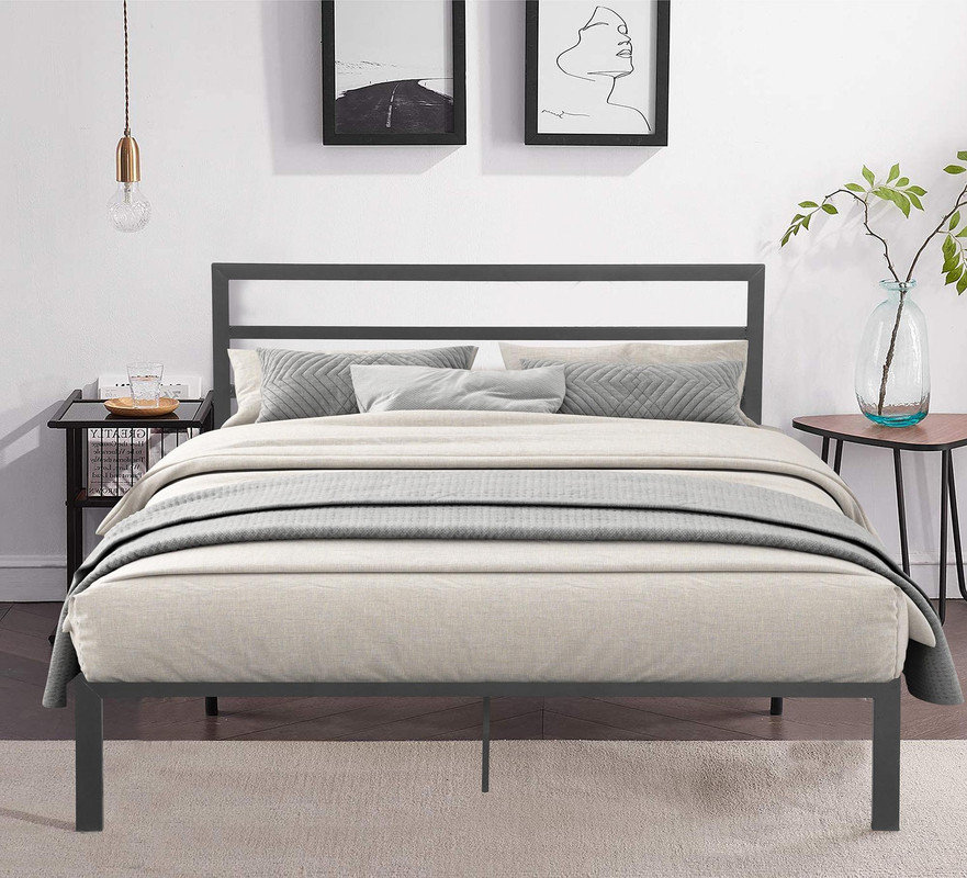 Latitude Run® Queen Size Charcoal Grey Metal Bed Frame with Headboard ...