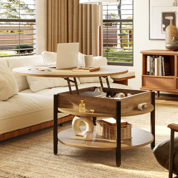17 Stories Wynny 27"W Round Lift-Top Wood Coffee Table with Storage ...