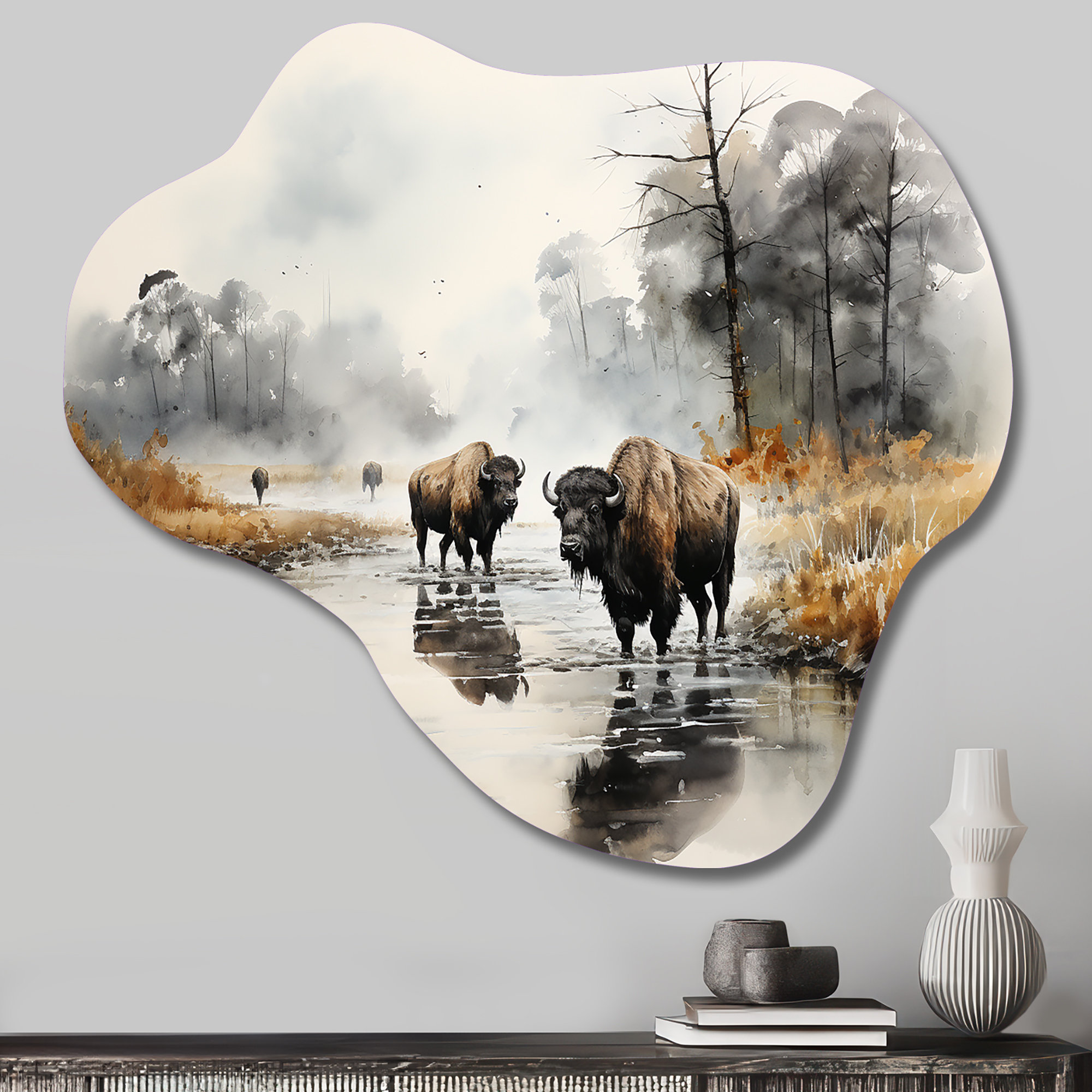 Design Art Grey Buffalo Misty Morning Grazing II - Buffalo Cloud Shape ...