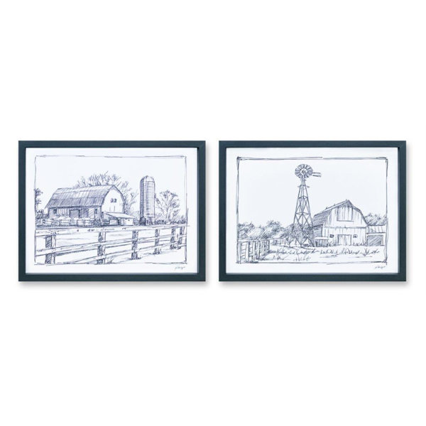 Rosalind Wheeler Framed Sketch Art Barn Print (Set of 2)-82207DS | Wayfair
