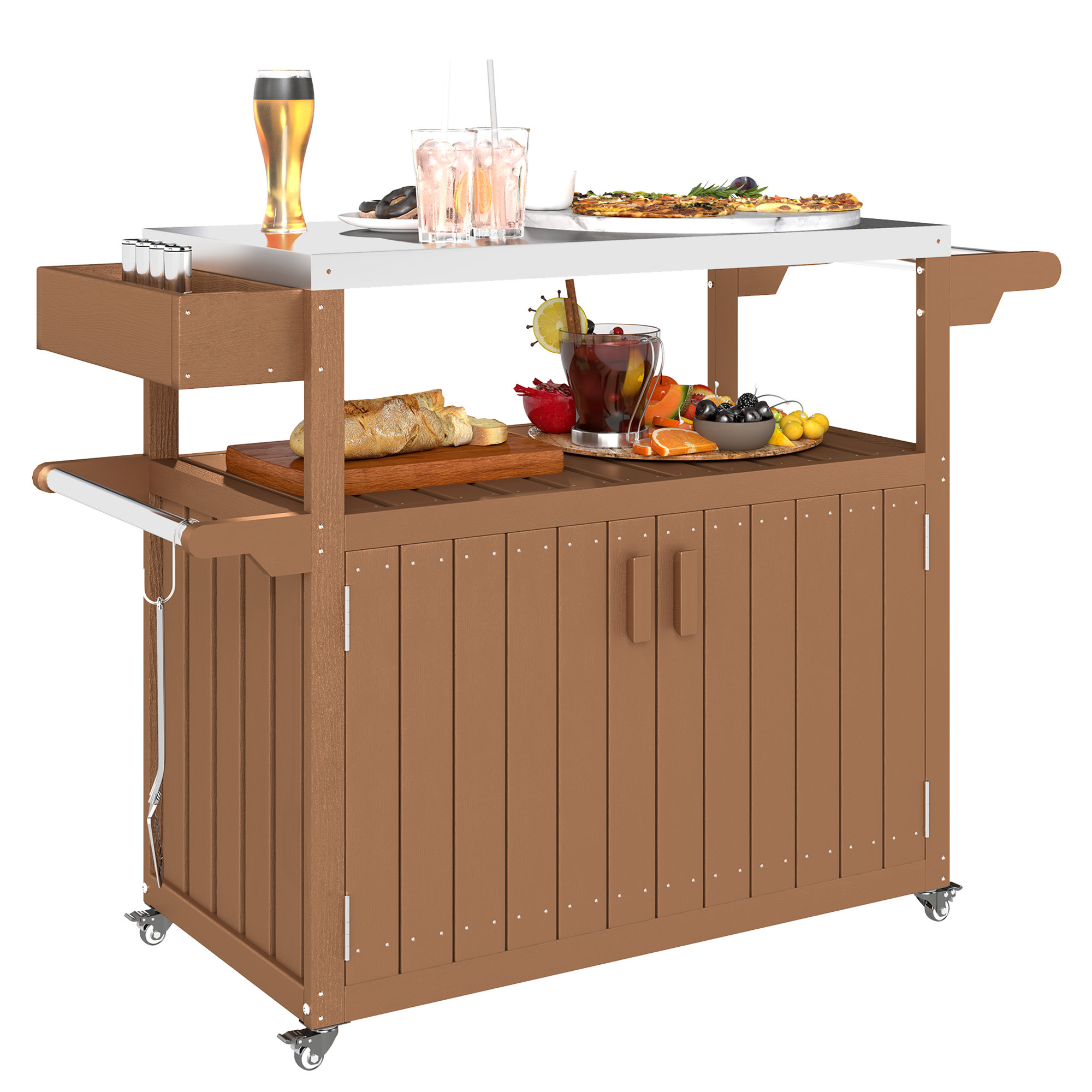 Lark Manor Outdoor Bar Cart with Storage Cabinet, Stainless Steel Top Kitchen Island on Wheels ...