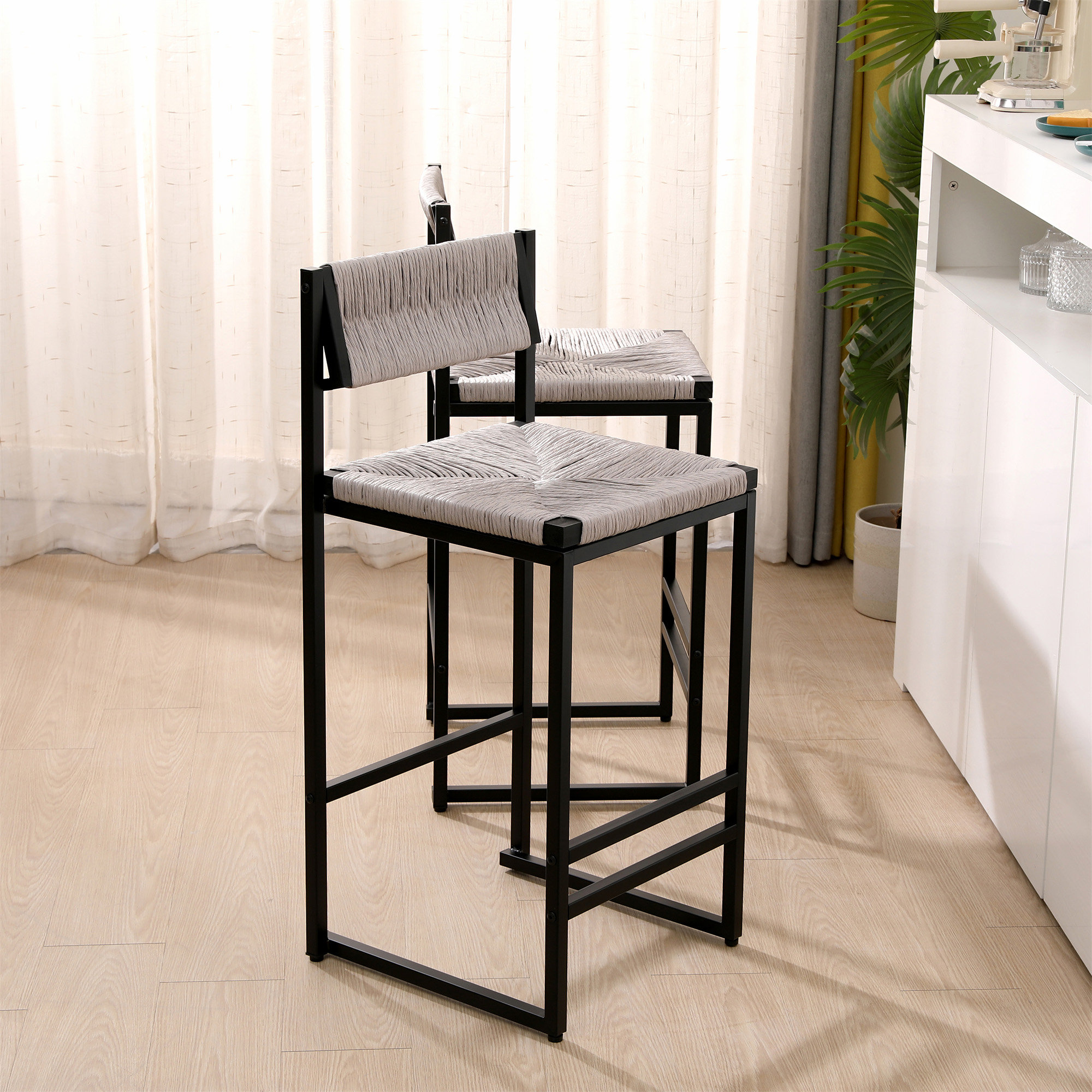 Latitude Run® Gray Set Of 2 Hand Weave Bar Stools With Back Counter ...
