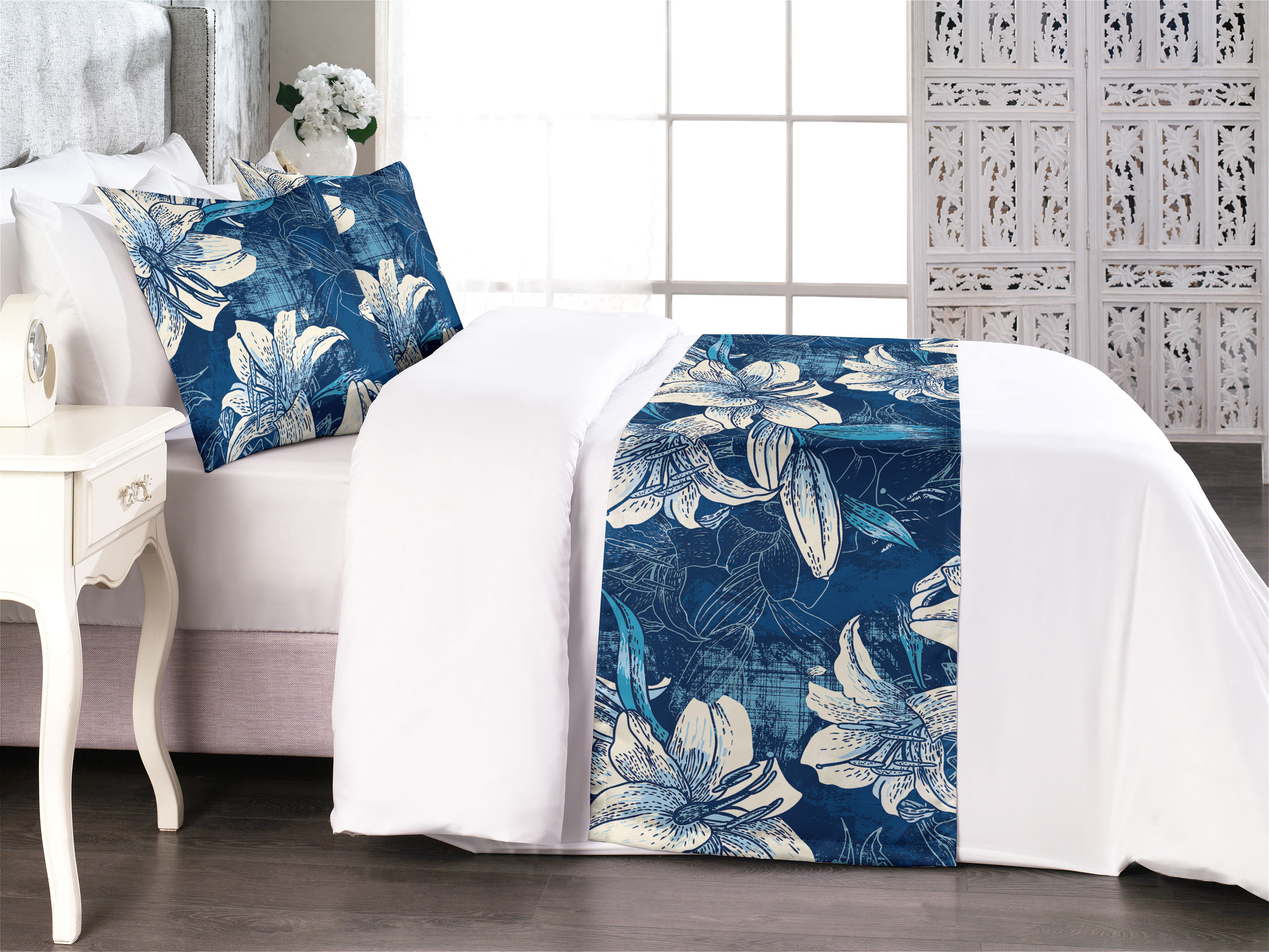 Ambesonne Floral Design Bed Runner Set Boho Lily Pattern Art Dark Sky ...