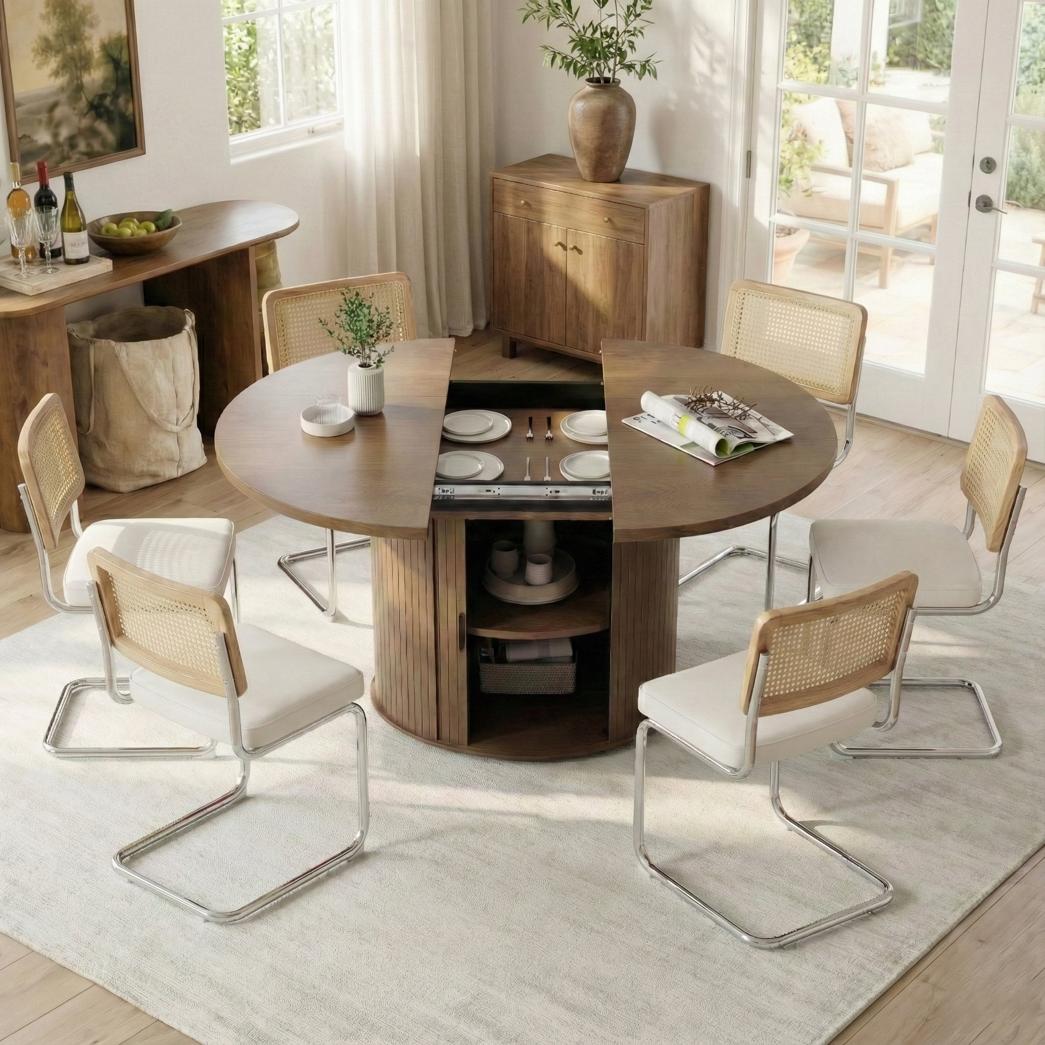 Ivy Bronx Extendable Round Dining Table Set With 6 Cane Back Cantilever ...