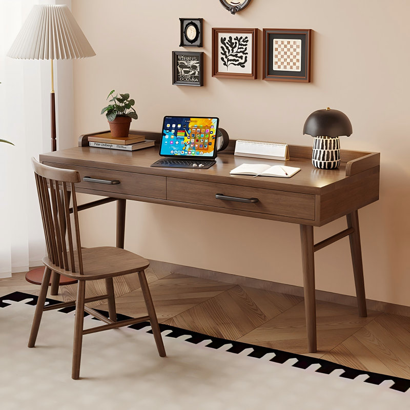 DECADANZ Brown Rectangle Solid Wood Writing Desk And Chair Set | Wayfair
