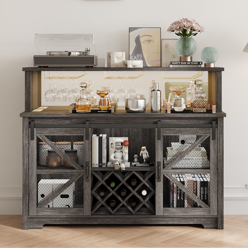 Ivy Bronx 55" Wine Bar Cabinet With Sliding Barn Door, LED Lights ...