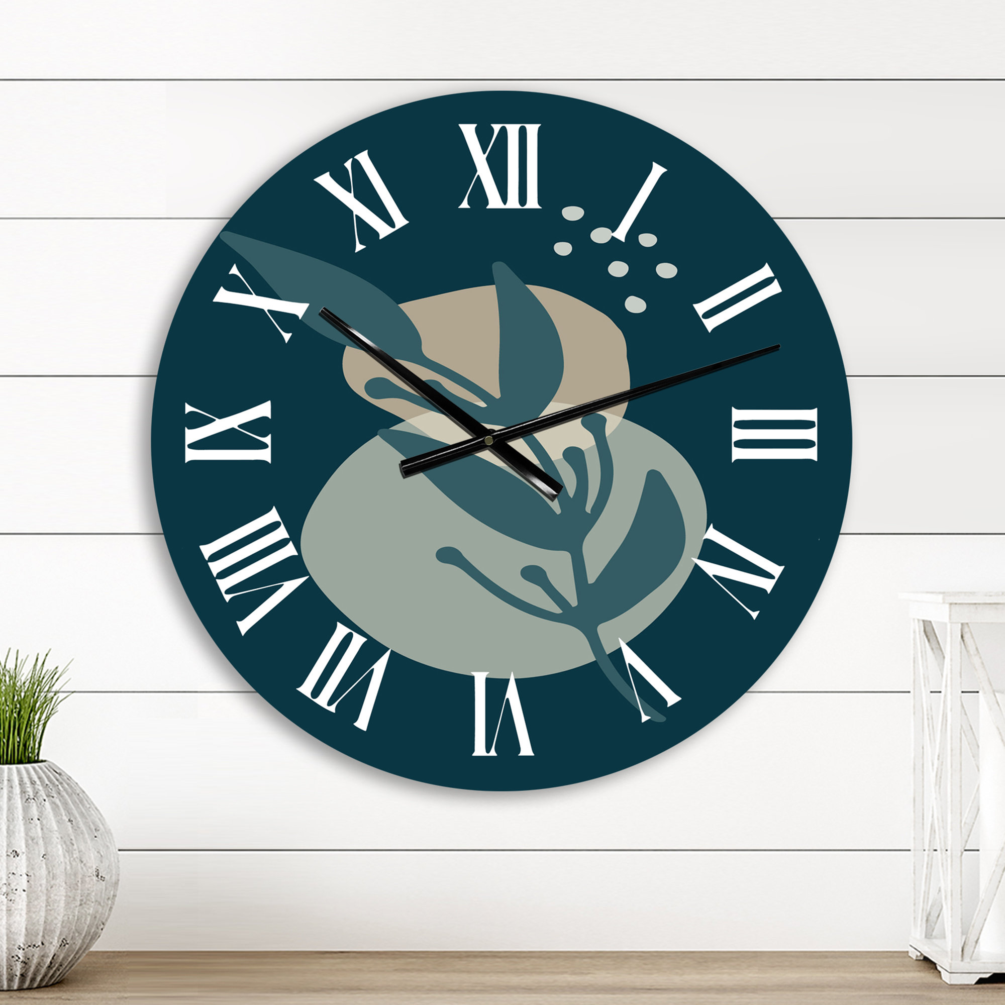 East Urban Home Blue Boho Foliage Line II Wall Clock | Wayfair