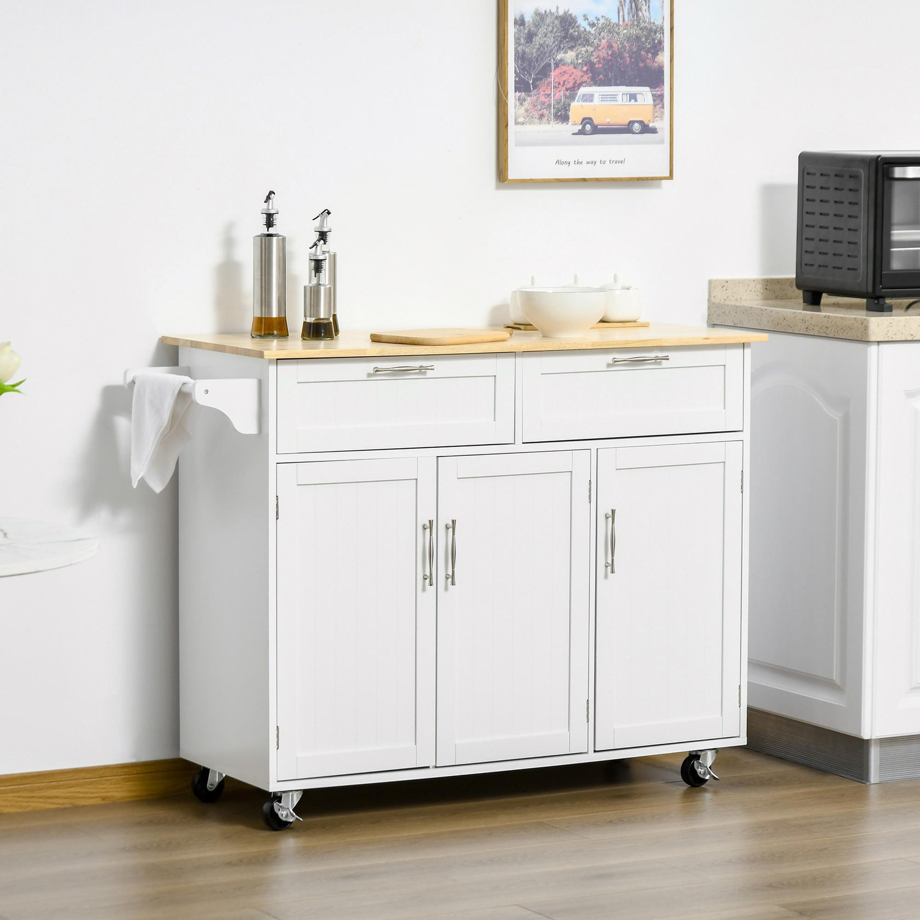 Lark Manor™ Kitchen Cart with Wood Top, Storage Drawers, 3-door ...