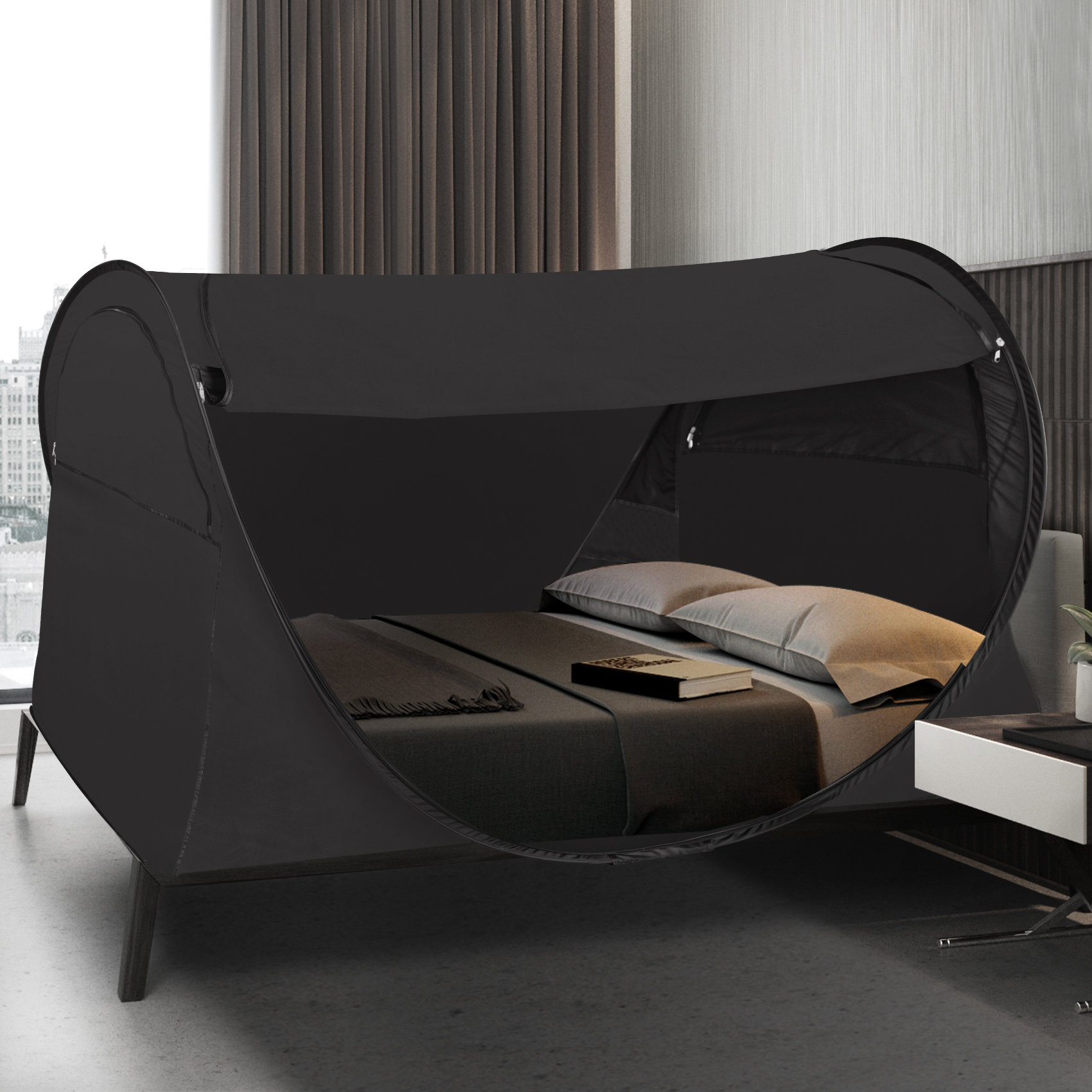 EighteenTek Portable Queen-Size Pongee Bed Canopy with 2 LED Lights ...