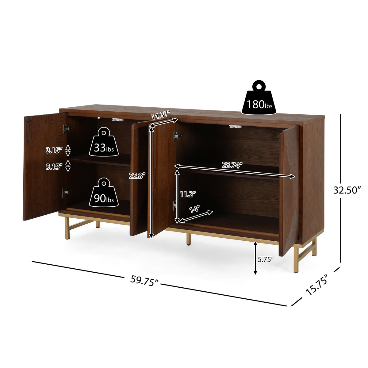 Mercer41 Eugene Modern Glam Sideboard With Geometric Faceted Doors And ...