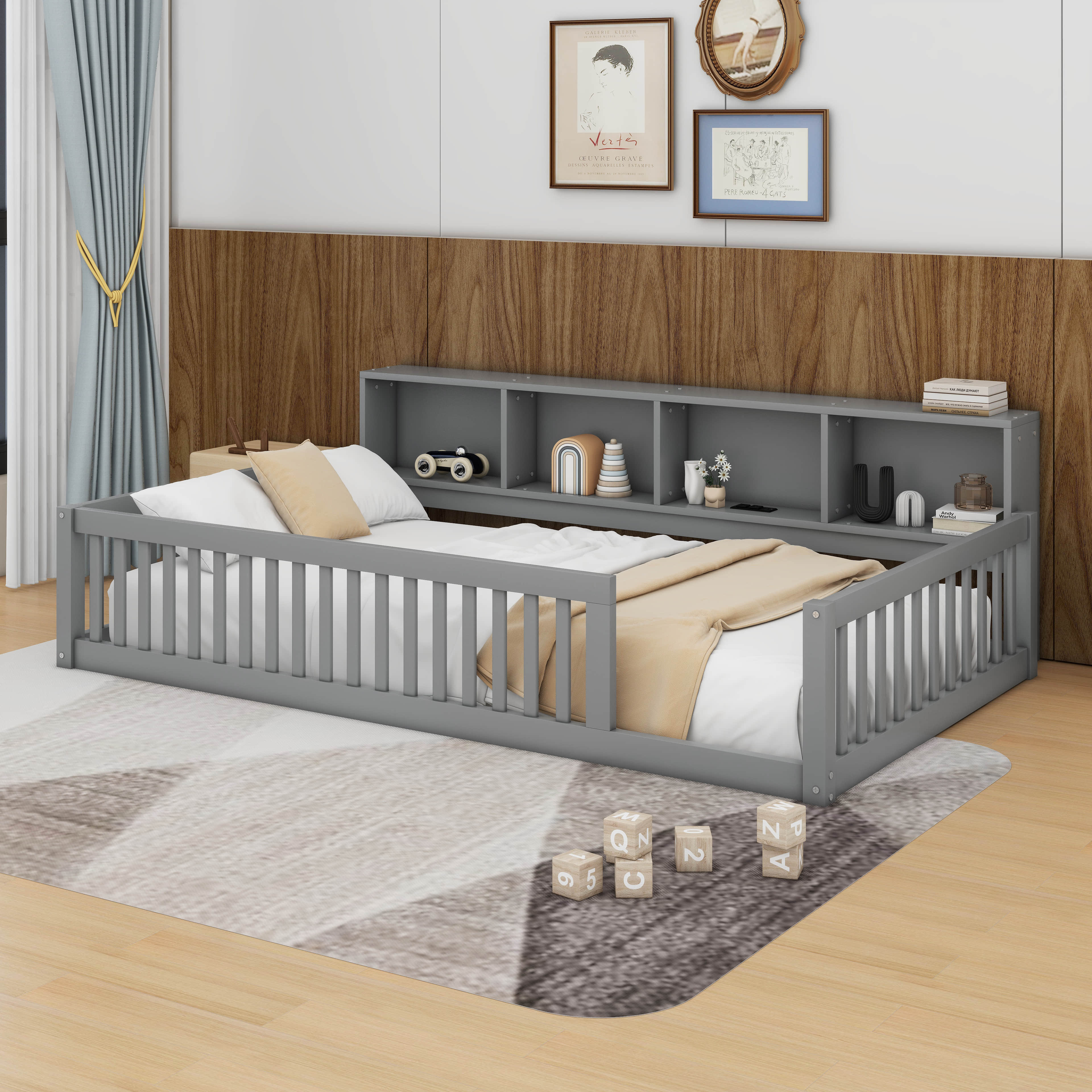 Harriet Bee Wood Twin XL Size Floor Bed With Cabinets And USB Ports ...