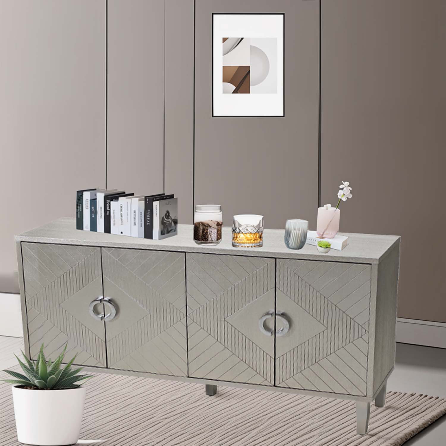 Latitude Run® Stylish and Functional 4-Door Storage Cabinet with Pine Legs and MDF | Wayfair