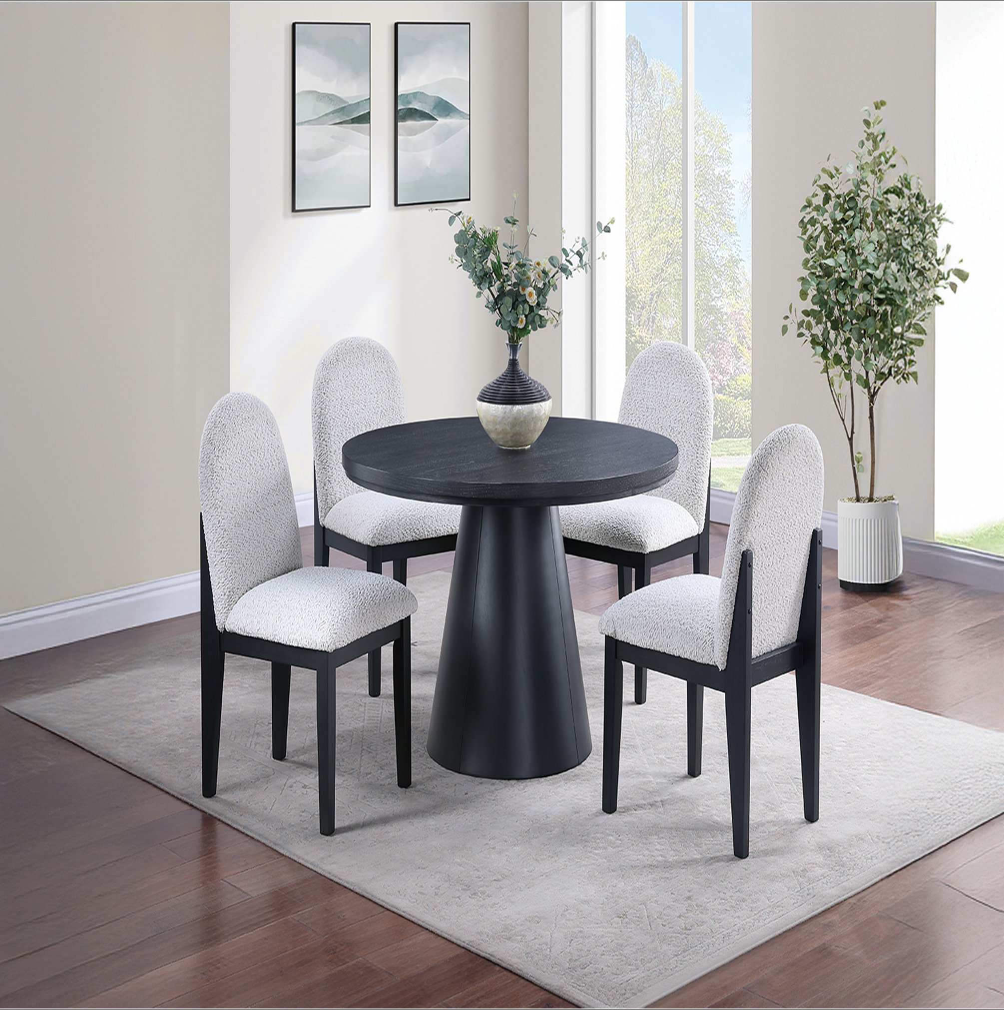 Hokku Designs Dining Table 4x Side Chairs White Finish Fabric Black ...