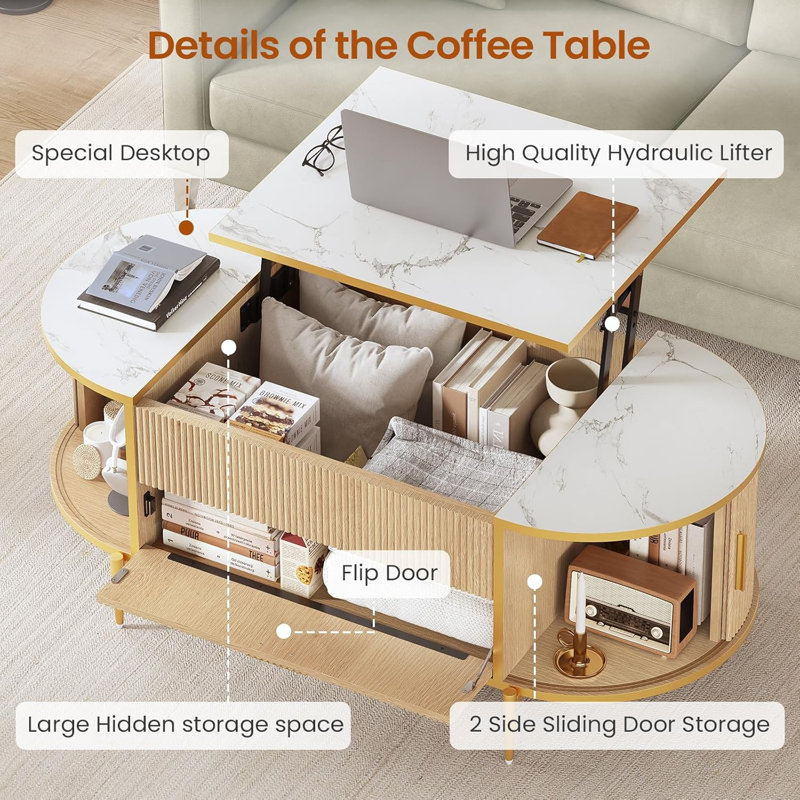 Sedeta Modern Luxury Fluted Lift Top Coffee Table, Oval Coffee Table ...