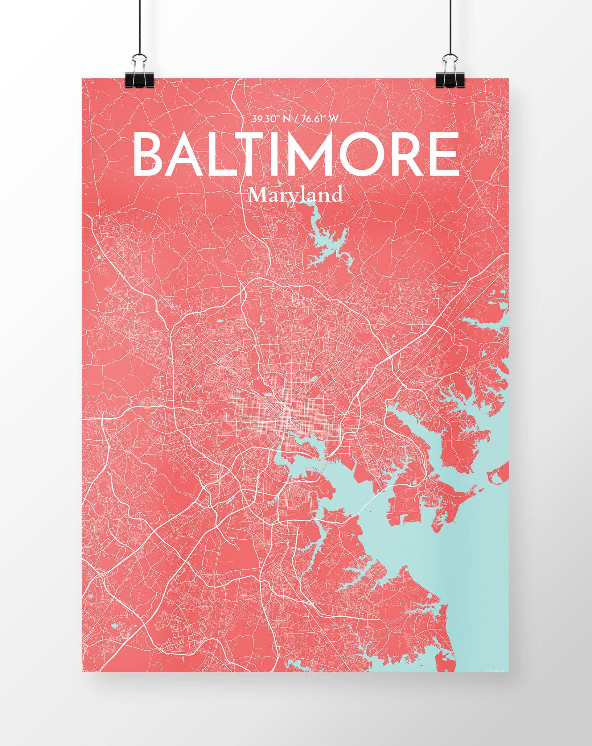Wrought Studio 'Baltimore City Map' Graphic Art Print Poster in Pink ...