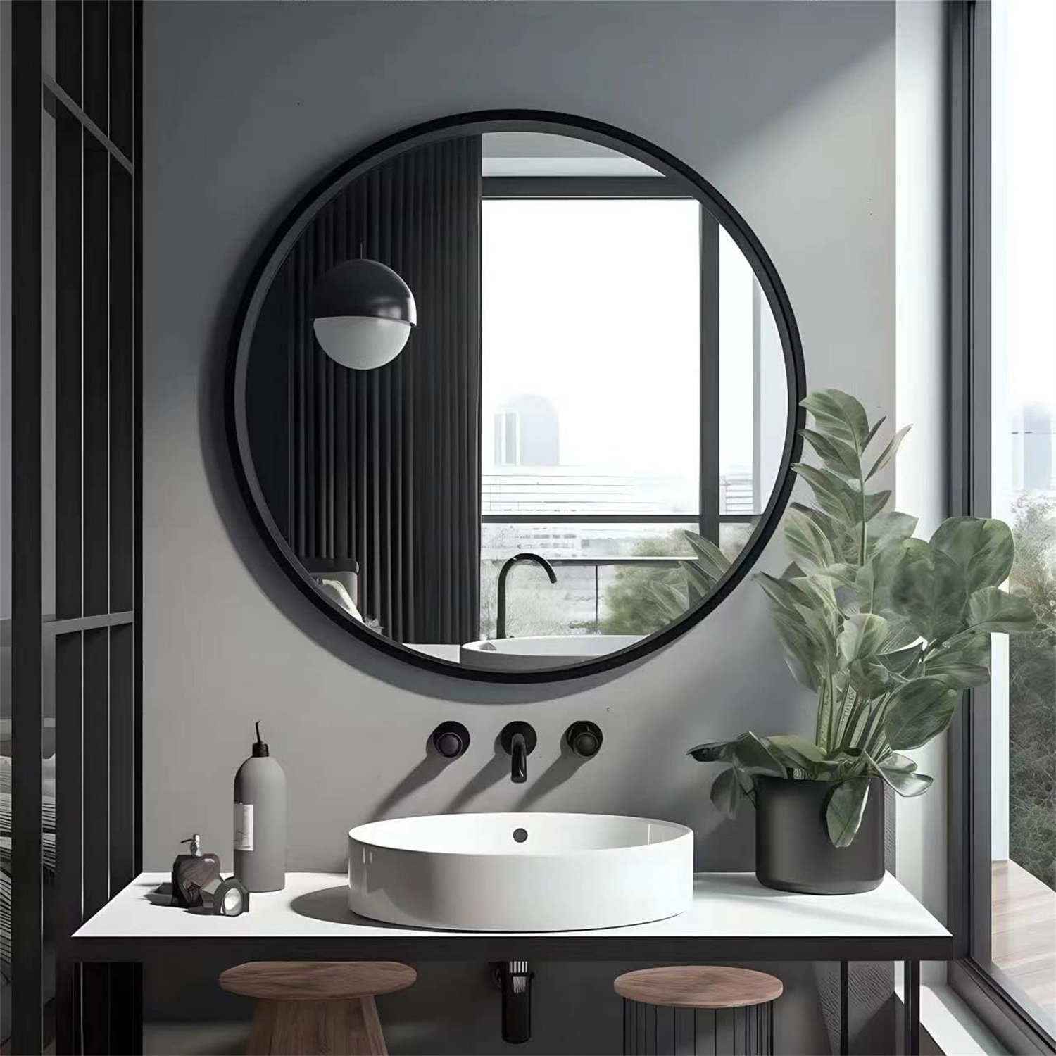 Ebern Designs Denahi Black Round Wall Mirror Metal Frame Circle ...