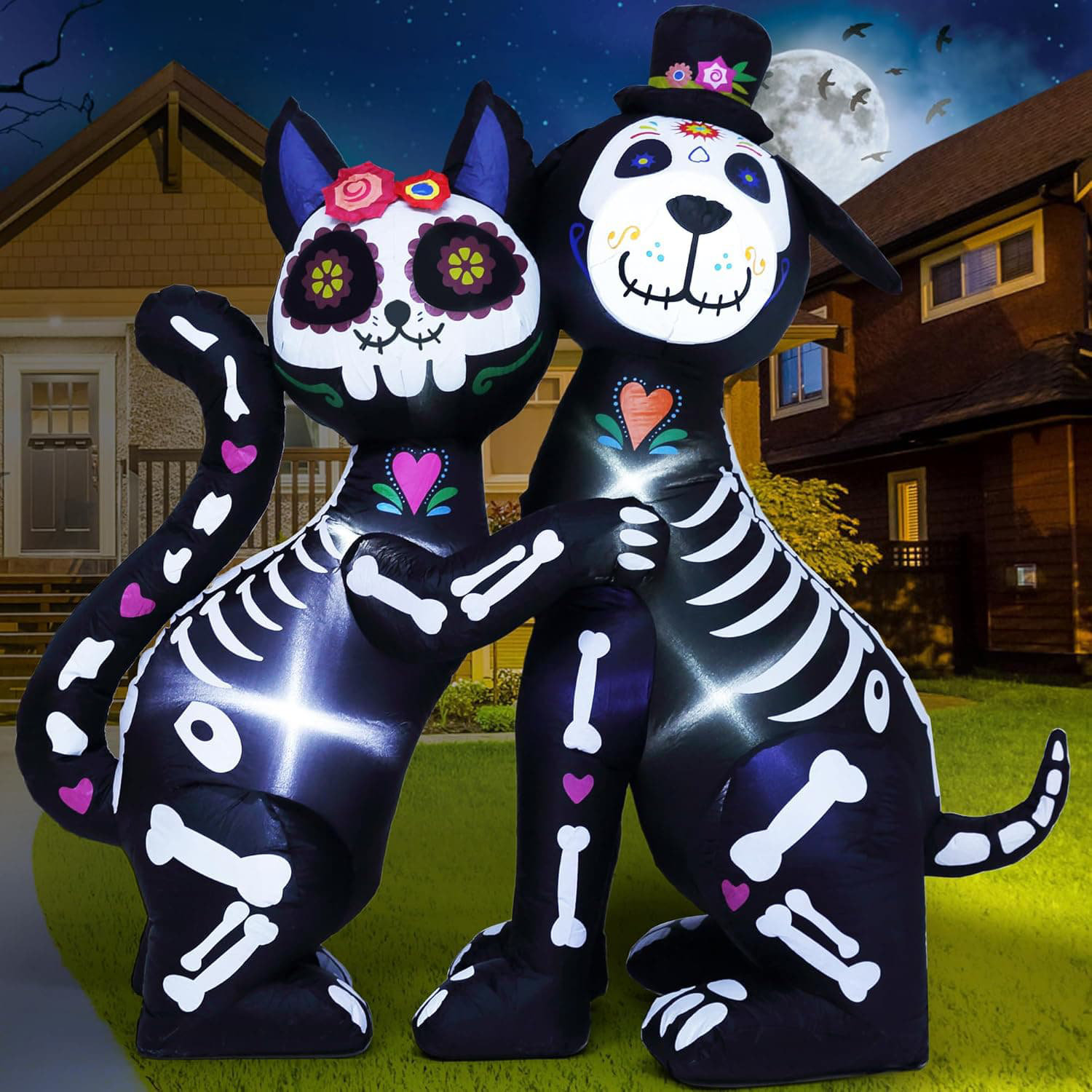 The Holiday Aisle® 6 ft Halloween inflatables skeleton black cat and ...