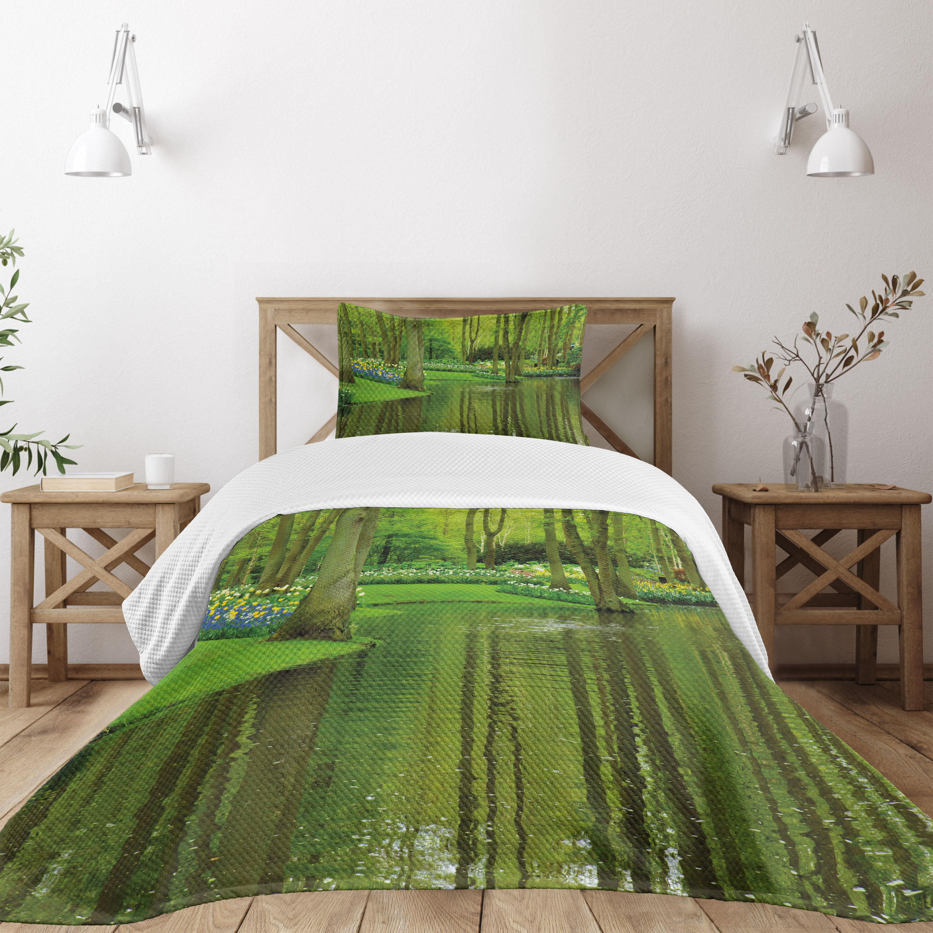 Ambesonne Nature Bedspread Set Forest with Lake Botany Fern and Lime ...