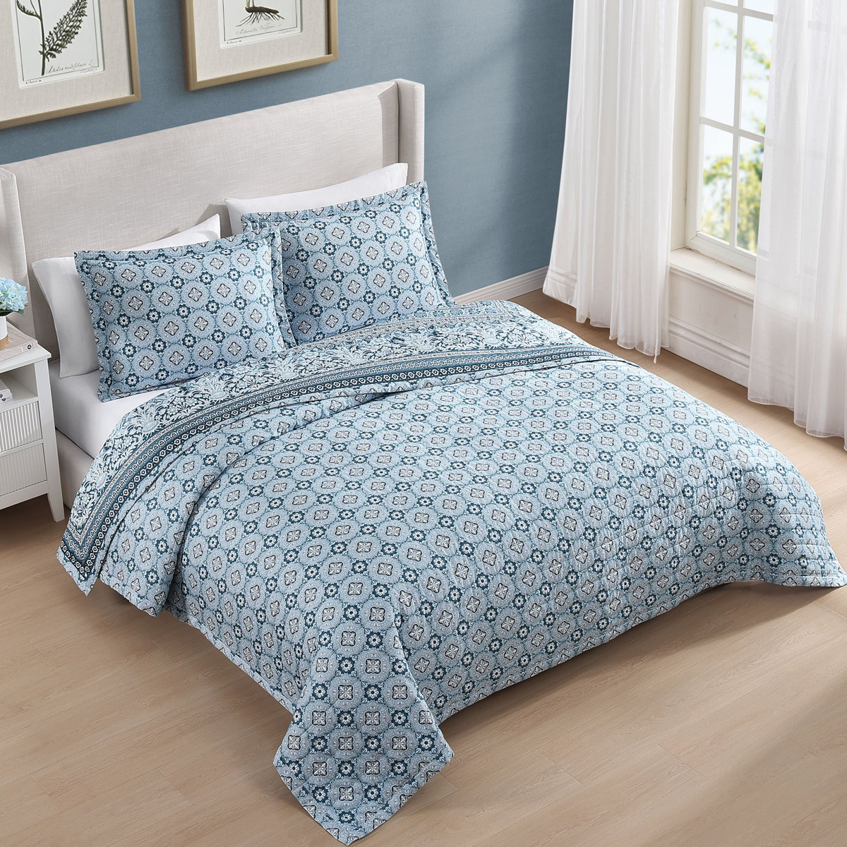 Bebejan Aquamarine Medallion 3 Piece Reversible Quilted Coverlet Set ...