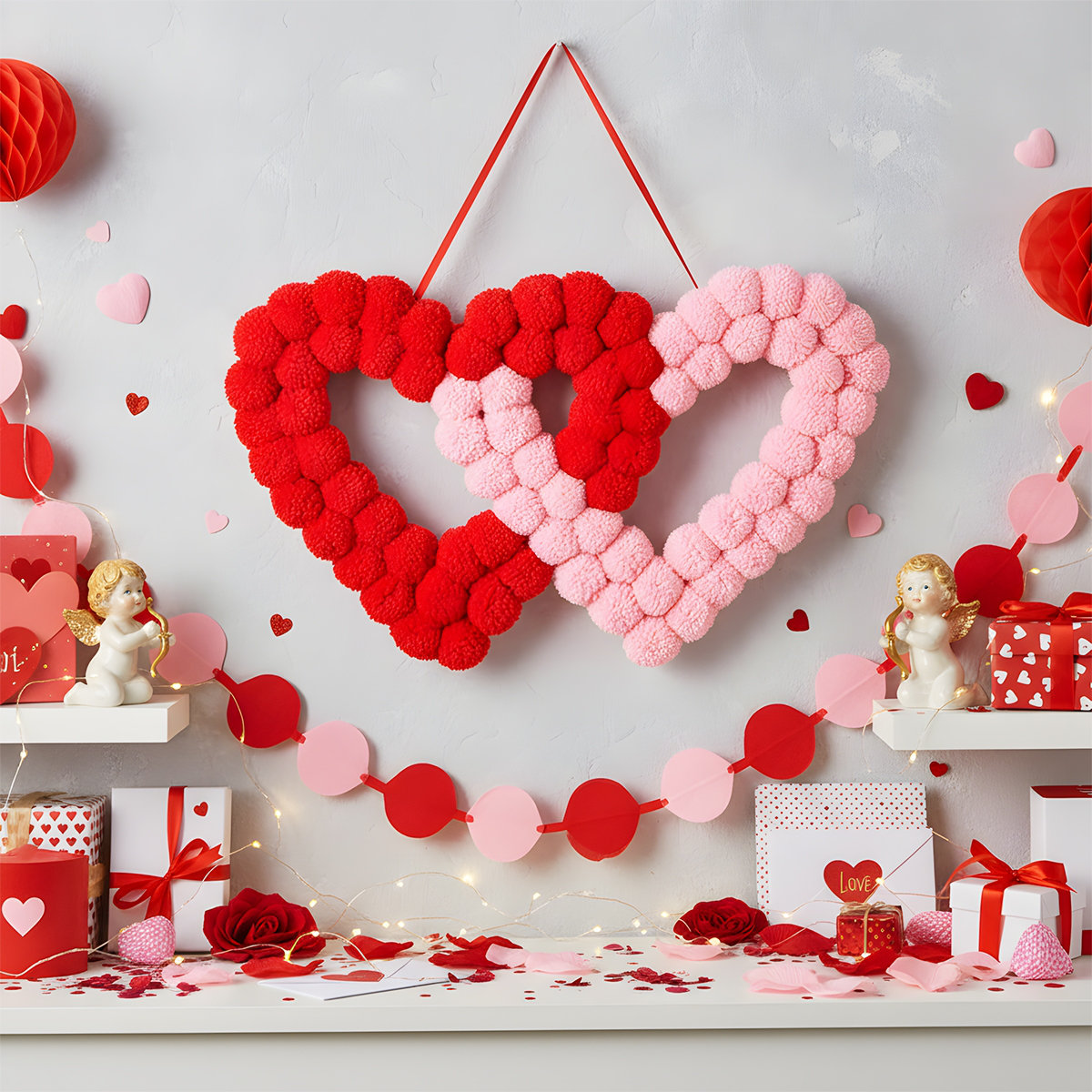 The Holiday Aisle® 1 pc Valentine's Day heart pom-pom wreath, a pair of ...