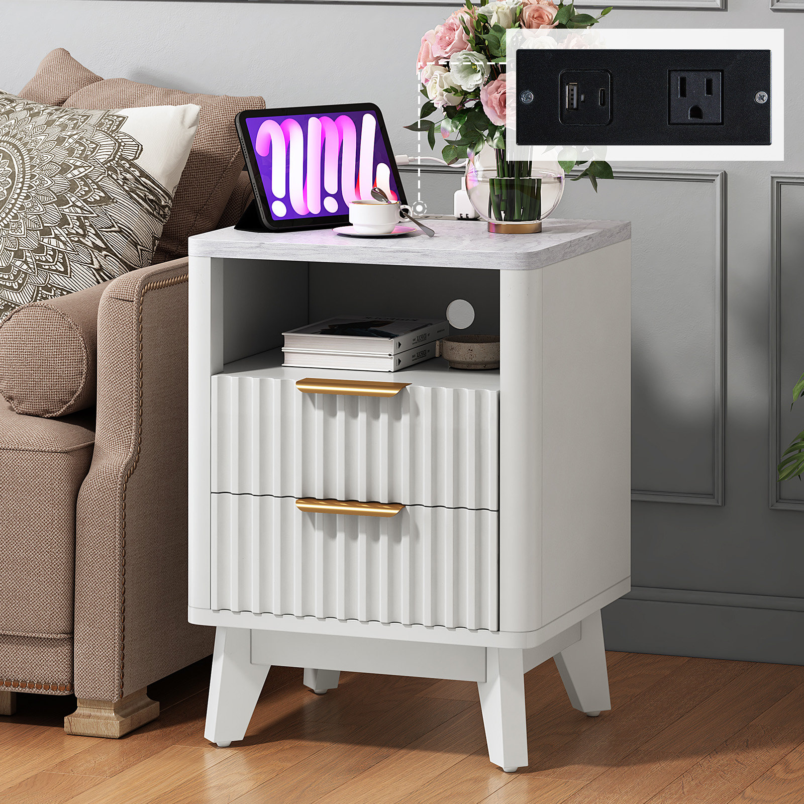 Hokku Designs Gerius Fluted Nightstand with Charging Station | Wayfair
