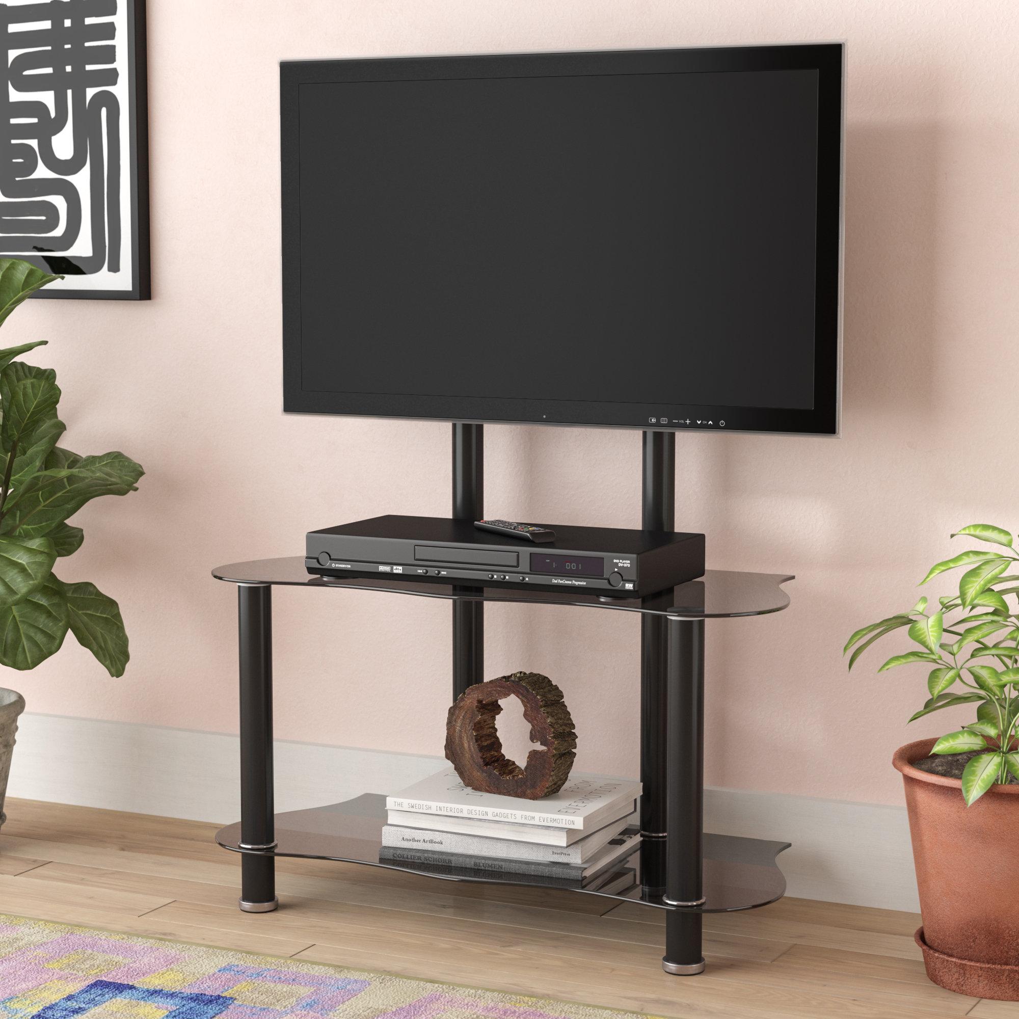 Ebern Designs Chantal Black Floor Stand Mount with Shelving, Holds up ...