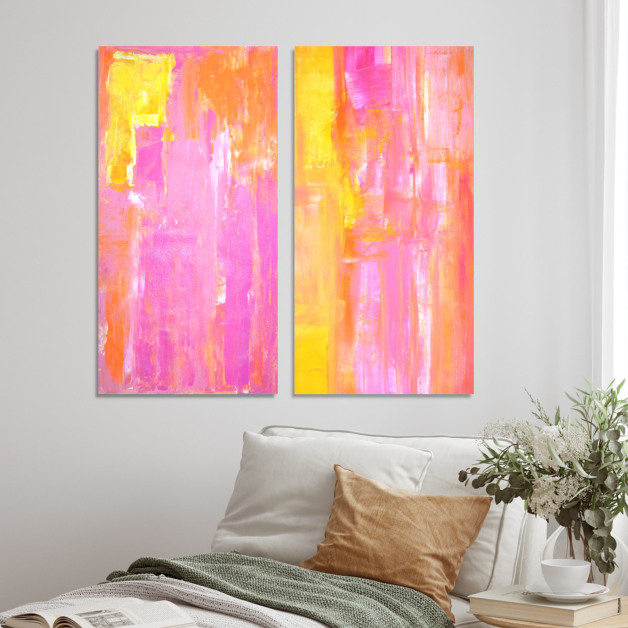 Ivy Bronx Yellow and Pink Merging Abstract - 2 Piece Painting Set on ...
