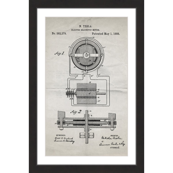 17 Stories 'Tesla Motor 1888 Old Paper' Framed Graphic Art Print | Wayfair