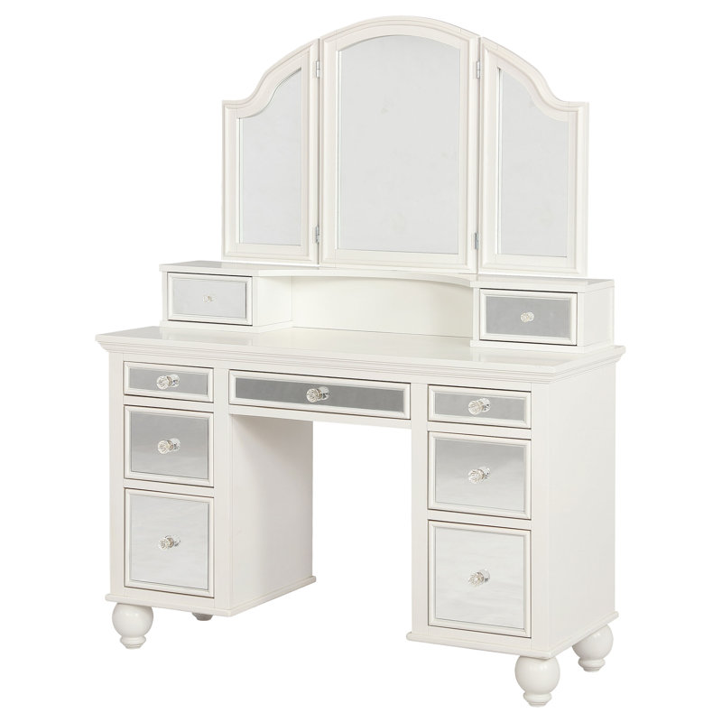 Rosdorf Park Reinhart Makeup Vanity Table Set White And Beige | Wayfair