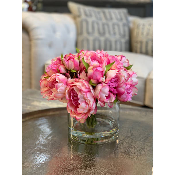 Winward Silks Peony Bouquet Floral Arrangement in Low Cylinder Vase ...