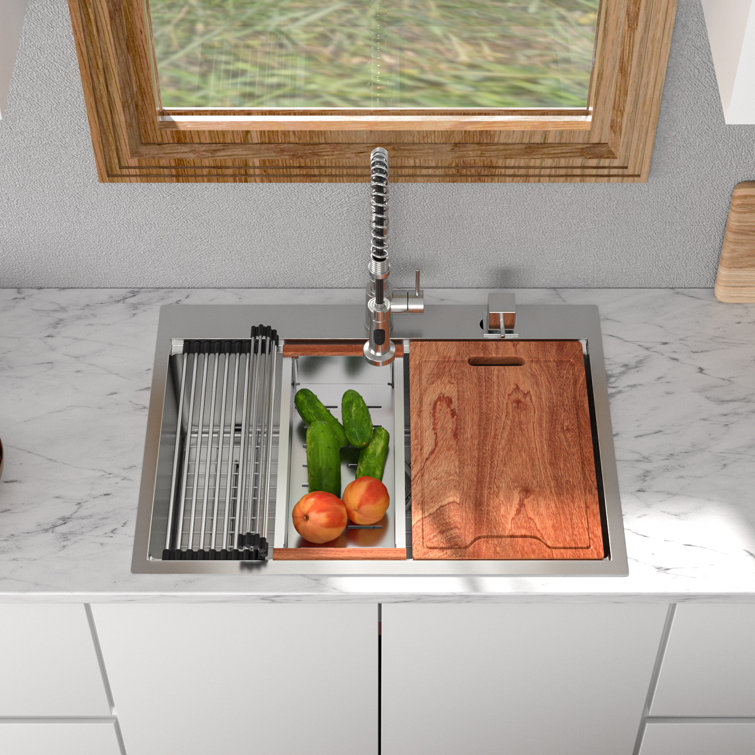 OUMUCH 30" L x 22" W Drop In Single Bowl Workstation Sink Stainless ...