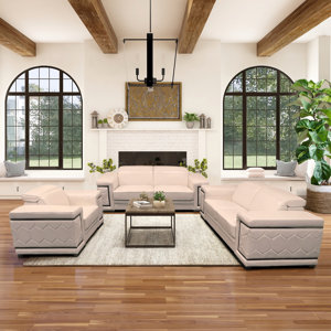 Orren Ellis Yurith 3 Piece Included Genuine Leather Configurable Living ...