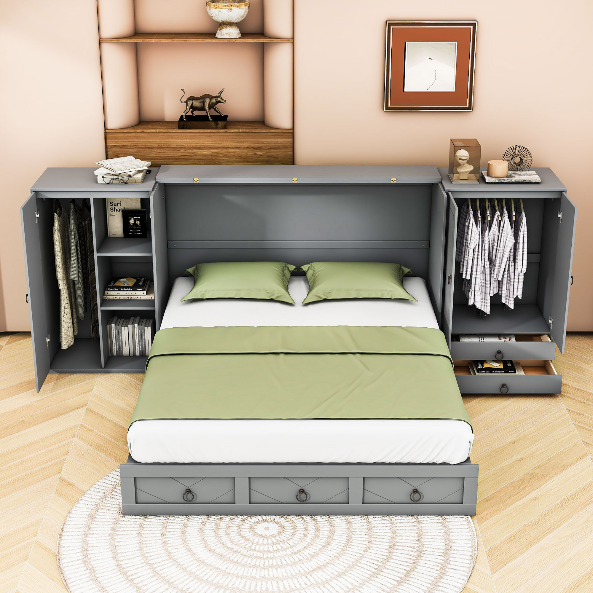 Longshore Tides Queen Wooden Murphy Bed with Drawers, USB Port, Little ...