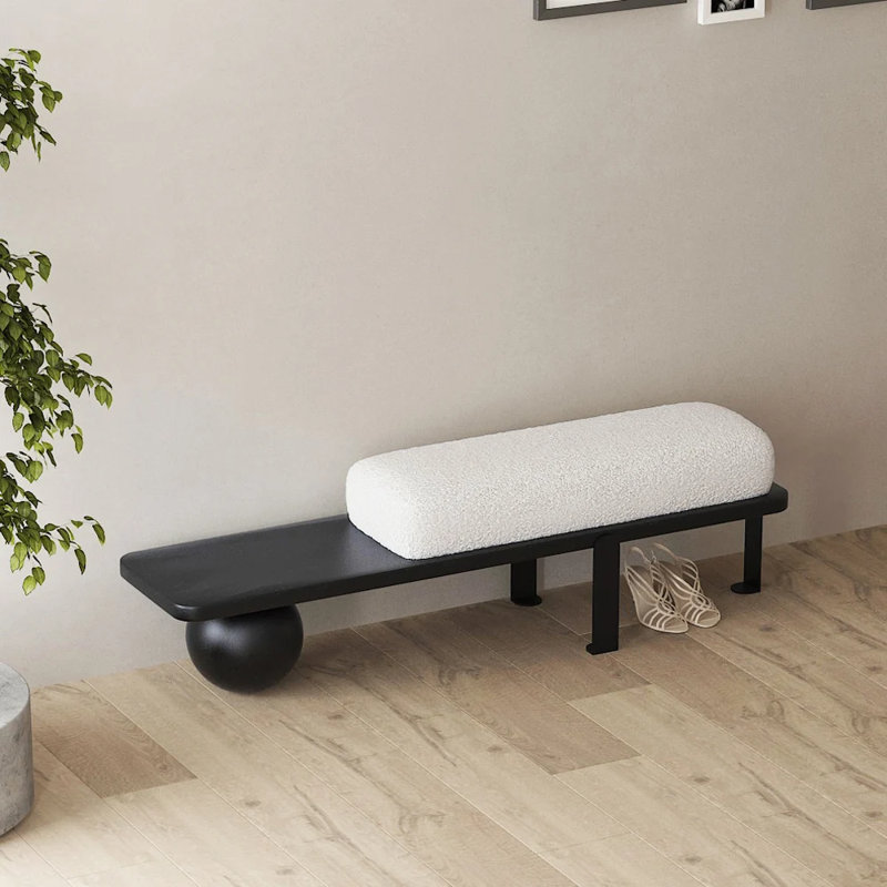Everly Quinn Wooden Entryway Bench Boucle Upholstered with Abstract ...