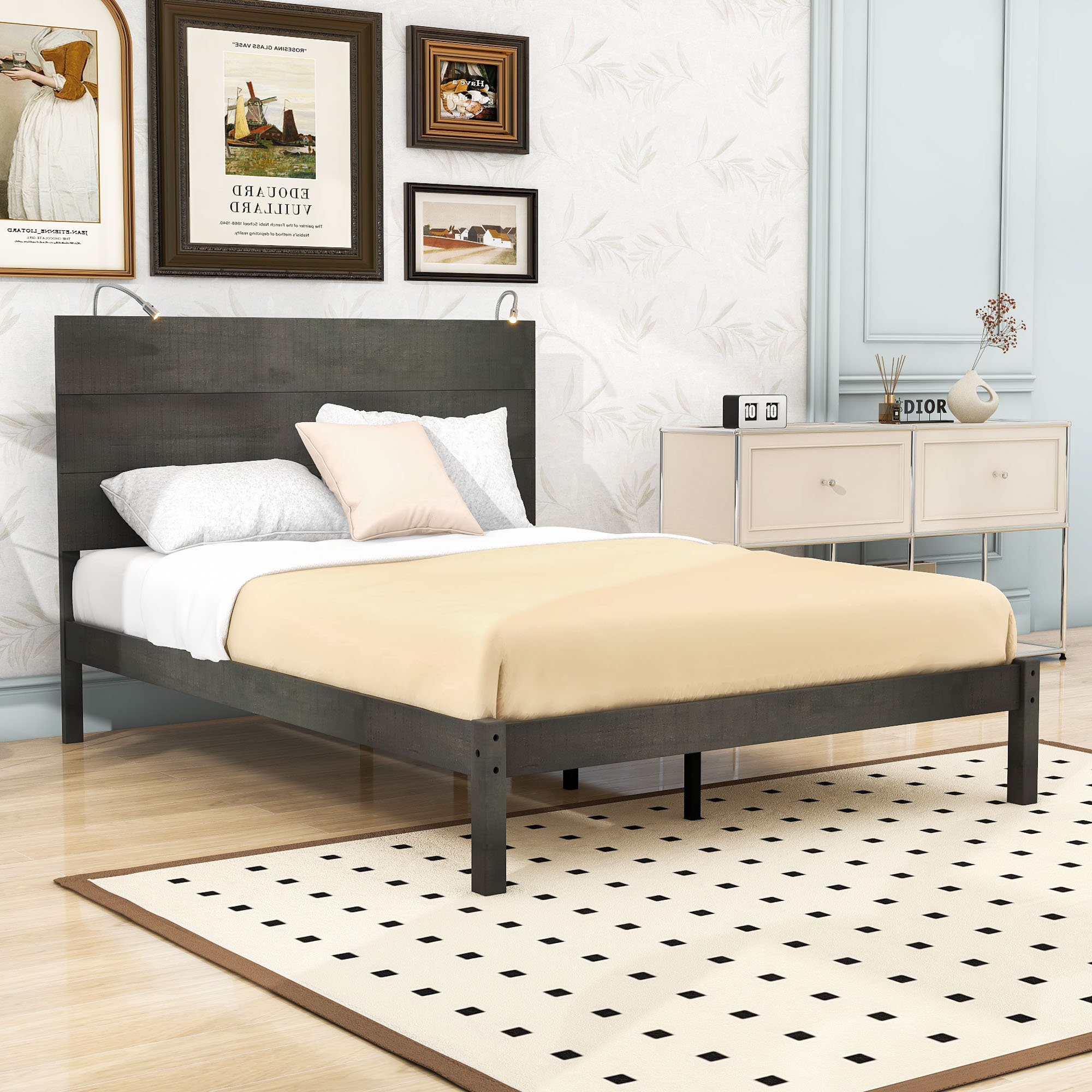 Gracie Oaks Verge Wooden Platform Bed with Two Bedside Lights and ...