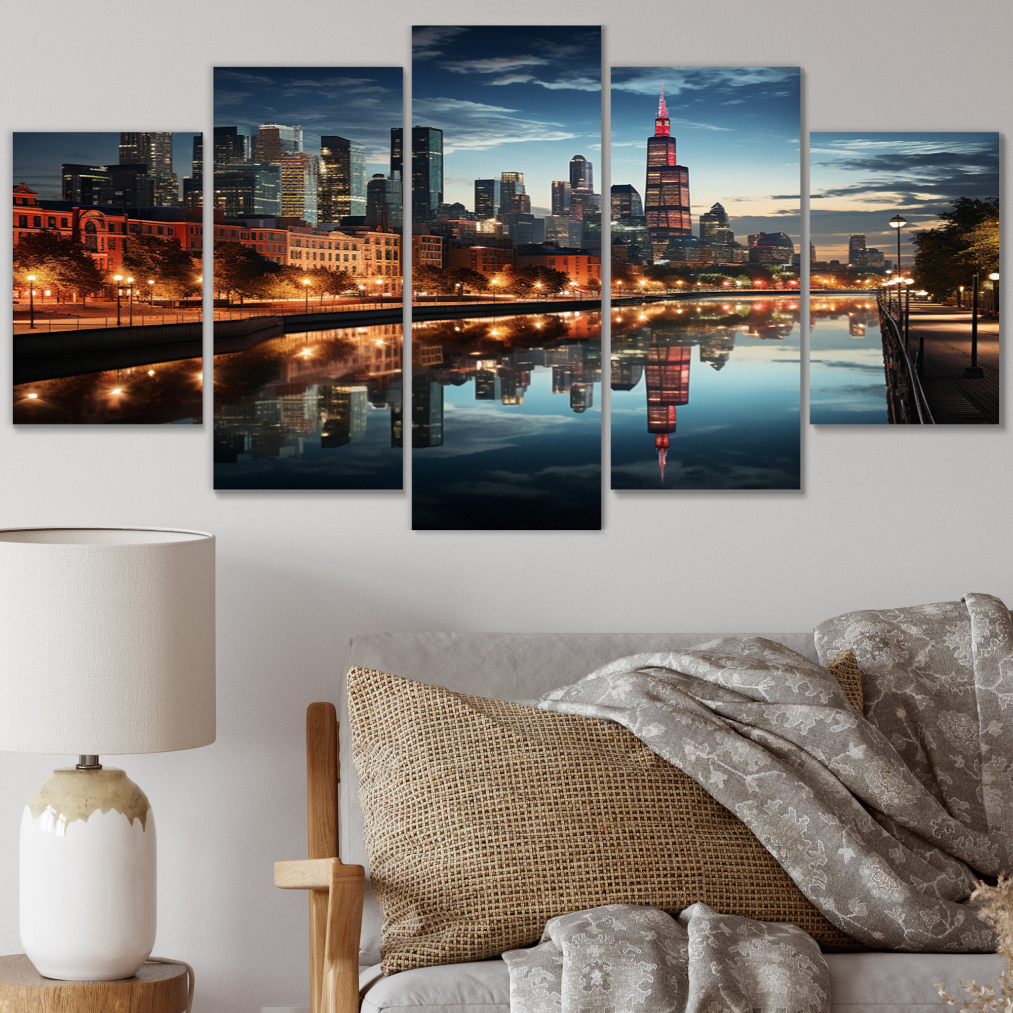 Design Art Chicago Cityscape By Night I - Chicago Metal Wall Decor Set ...