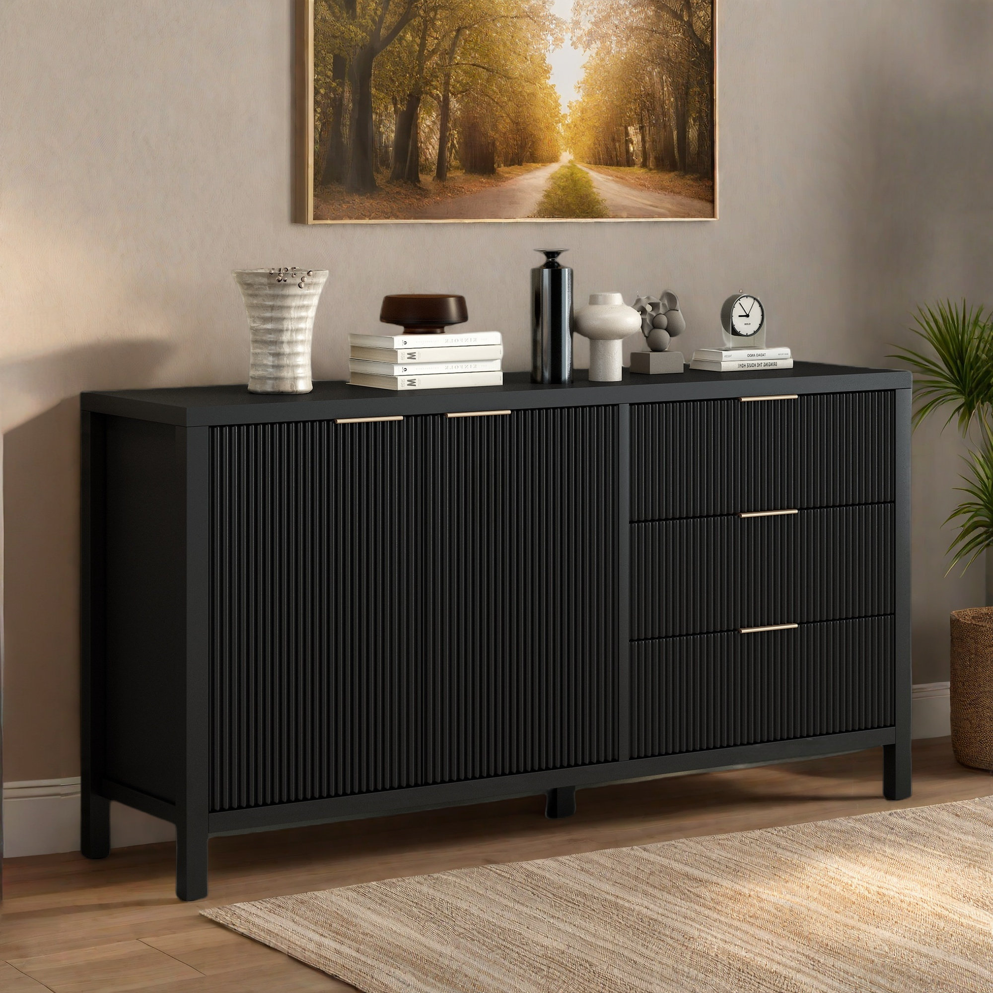 Ebern Designs Minimalist Sideboard With 3 Drawers, A Cabinet, Wave-pattern Design And Aluminum ...