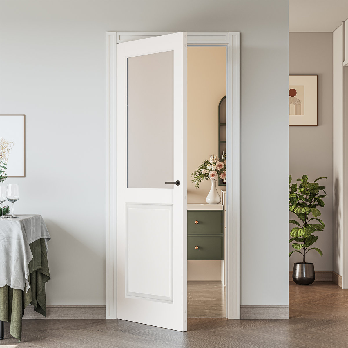 SMARTSTANDARD 80" Half Frosted Glass Slab Door Solid Manufactured Wood ...