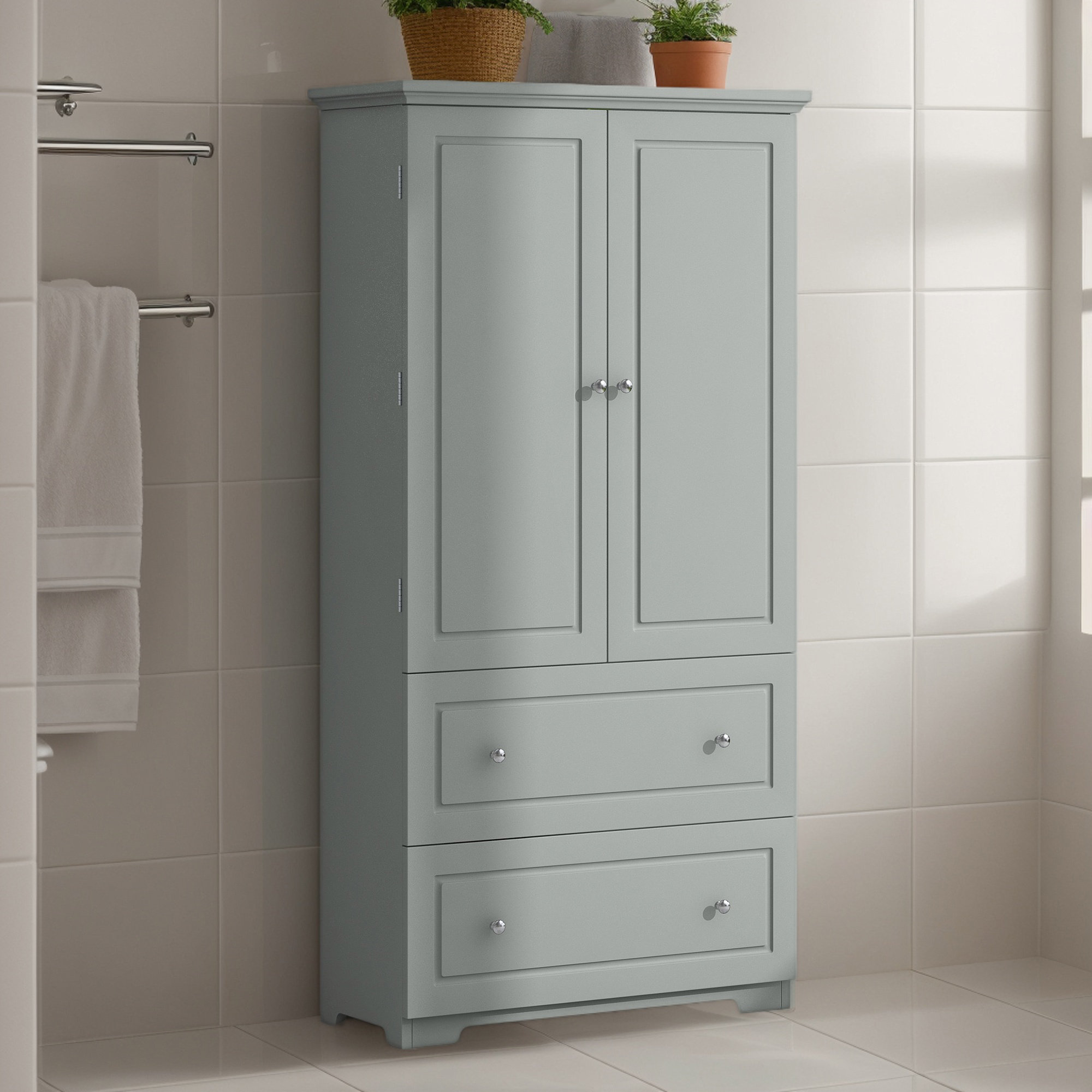 Hokku Designs Jamyira Sturdy Tall Bathroom Storage Cabinet | 2-Door ...