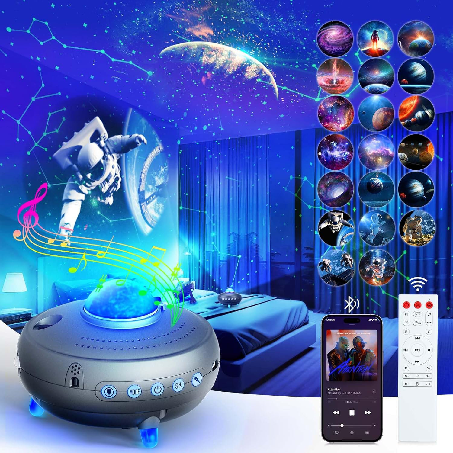 BEAUTY DEPOT Galaxy Projector Night Light With Bluetooth Speaker - 30-In-1 Realistic Solar ...