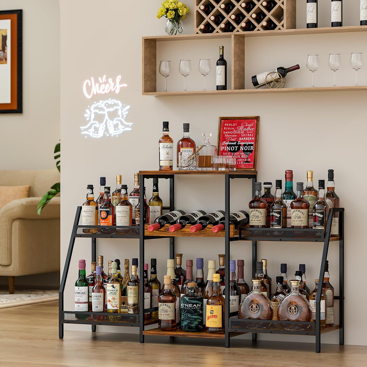 17 Stories Wine Rack Freestanding Floor, 4 Tier Trapezoidal Bar Stand ...