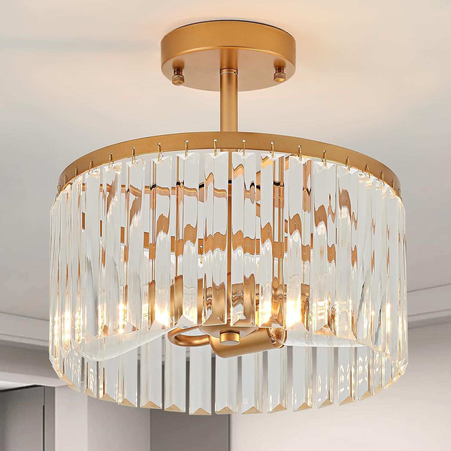 Everly Quinn 12“ Gold Semi Flush Mount Crystal Ceiling Light Fixtures ...