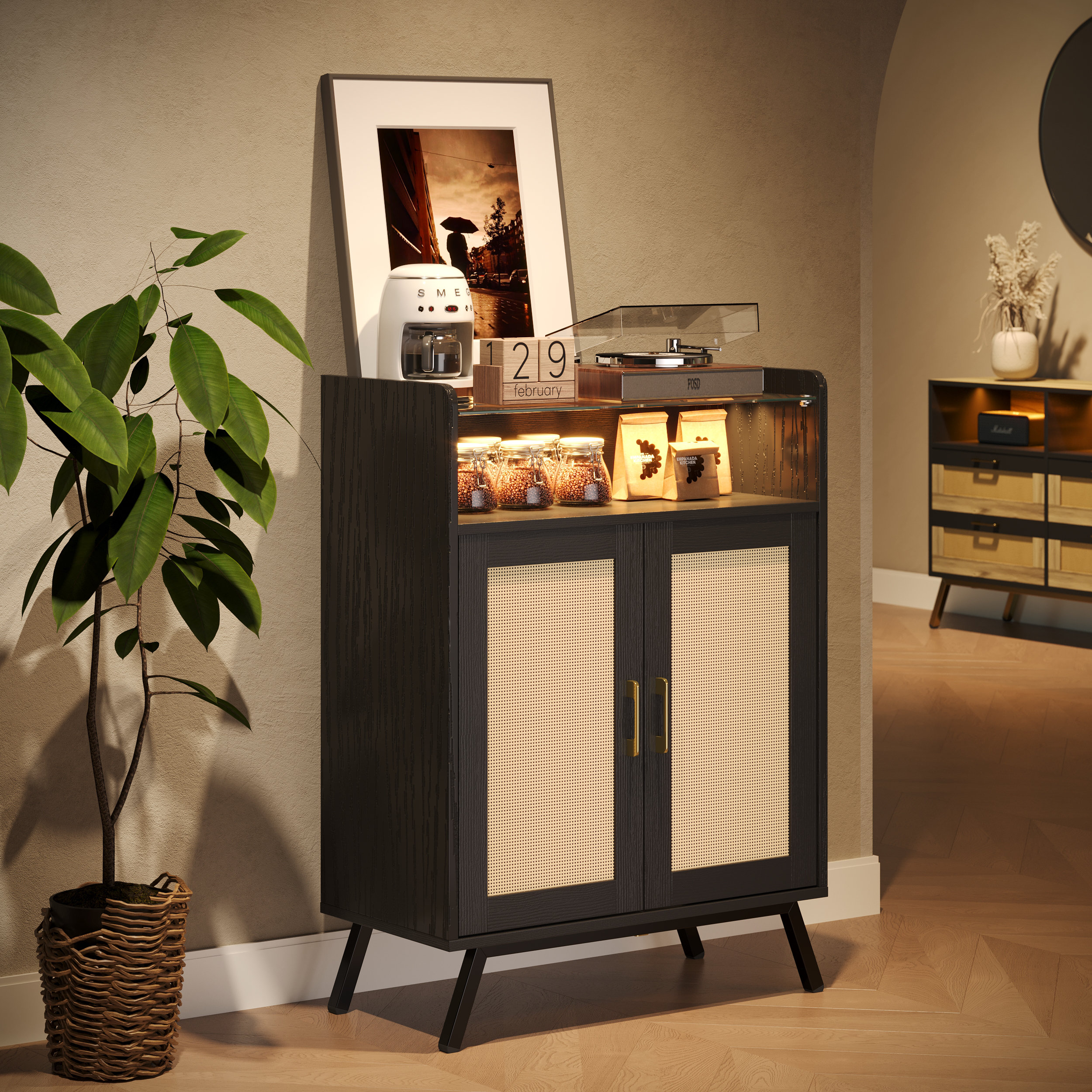 Wade Logan 28'' LED Lights Accent Chest with Rattan Doors,Buffet ...