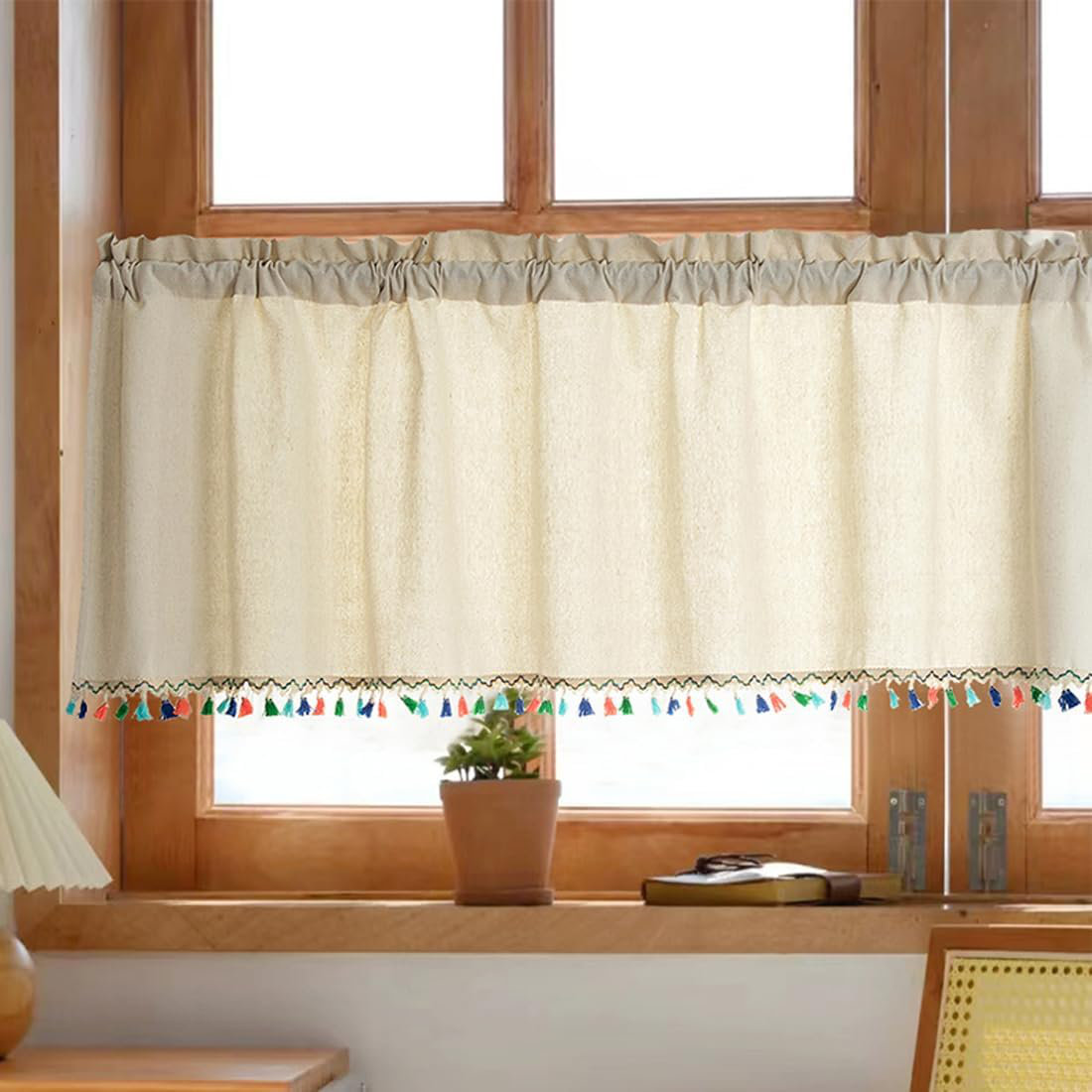 RAPTIZ Boho Kitchen Curtain With Tassels Valance 18 Inches Long For ...