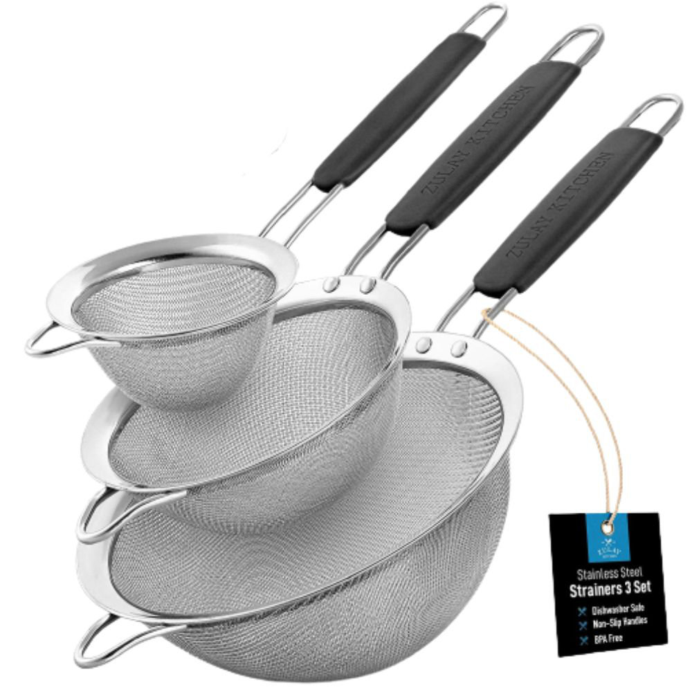 Zulay Kitchen Premium Stainless Steel Fine Mesh Strainer Set (includes ...