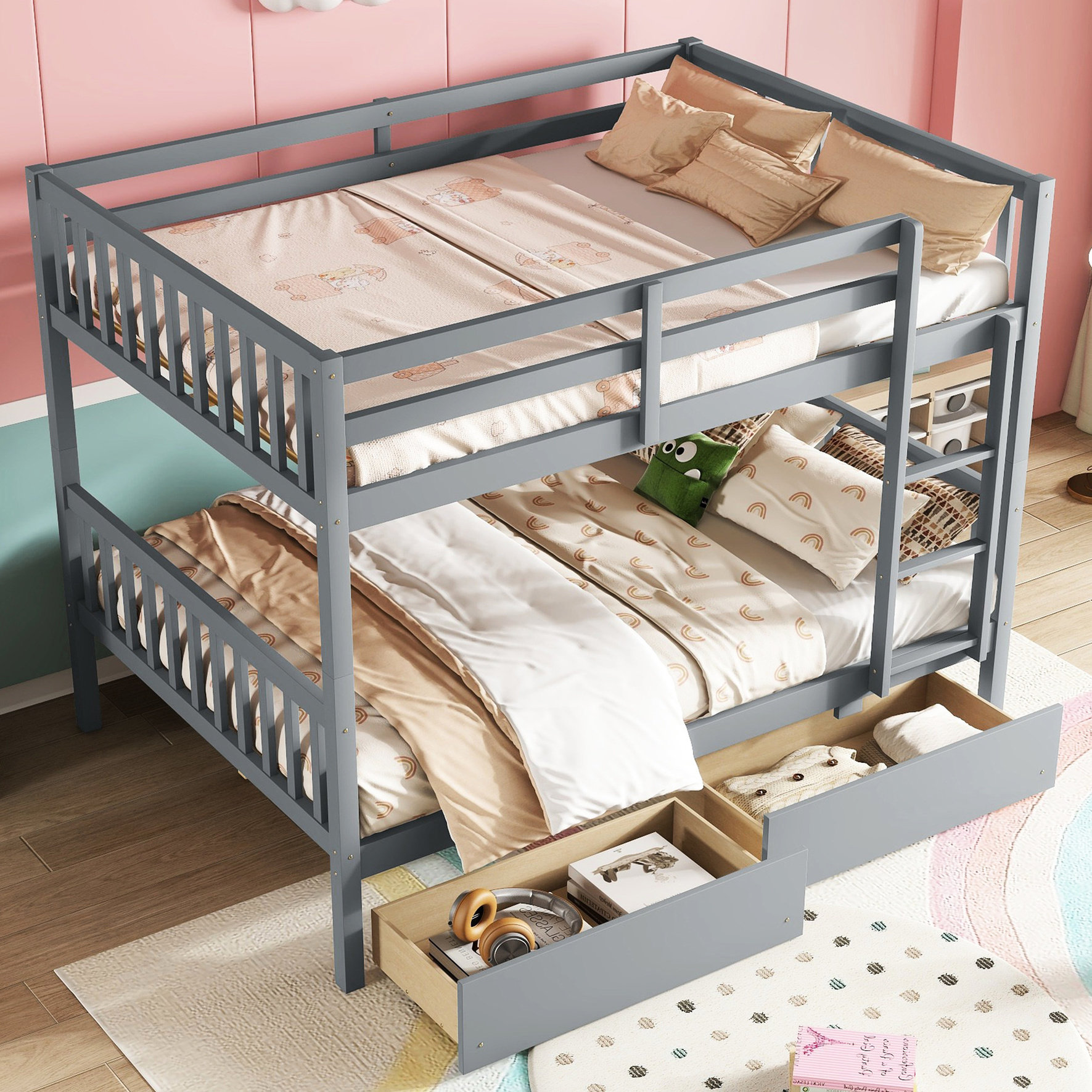 Latitude Run® Full Over Bunk Bed With 2 Drawers - Grey Rubber Wood For ...