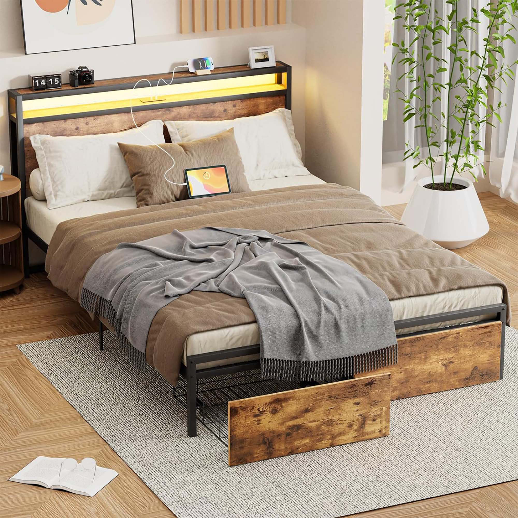 Wrought Studio™ Kazoua Bed Frame with RGB Lights, 2 Drawers, Headboard ...