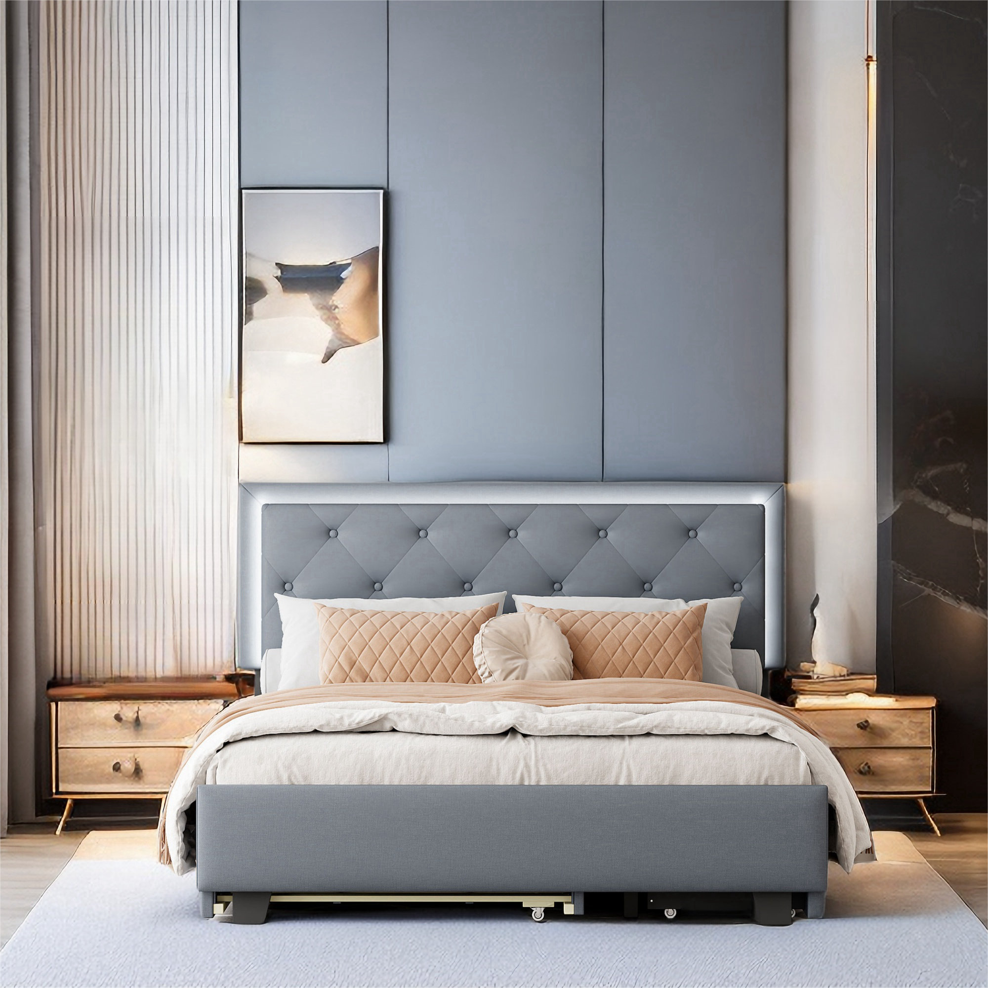 Ivy Bronx Lit plateforme tapissier avec 2 grands tiroirs, lit gigogne et lumière DEL Luttie ...